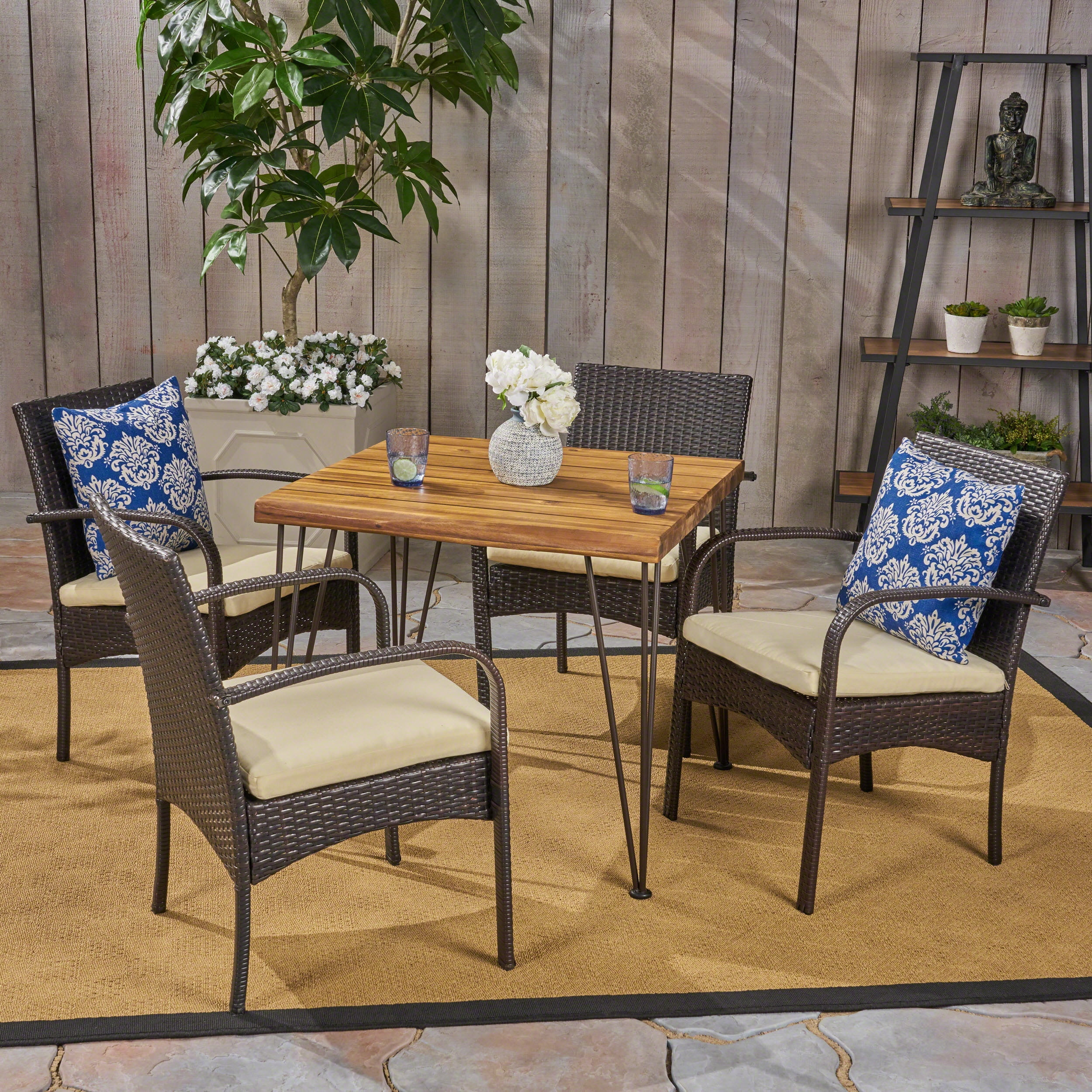 Noble House Clayton 5 Piece Wood Top Square Patio Dining Set in Teak ...