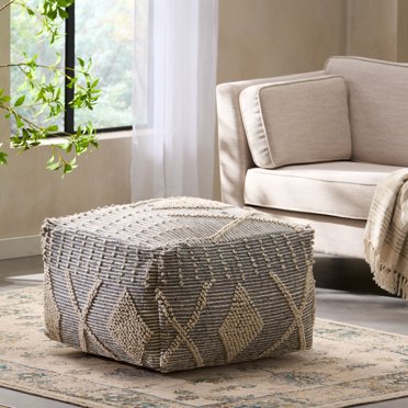 Noble House Ariadne Contemporary Faux Yarn Pouf Ottoman, Ivory and Gray ...