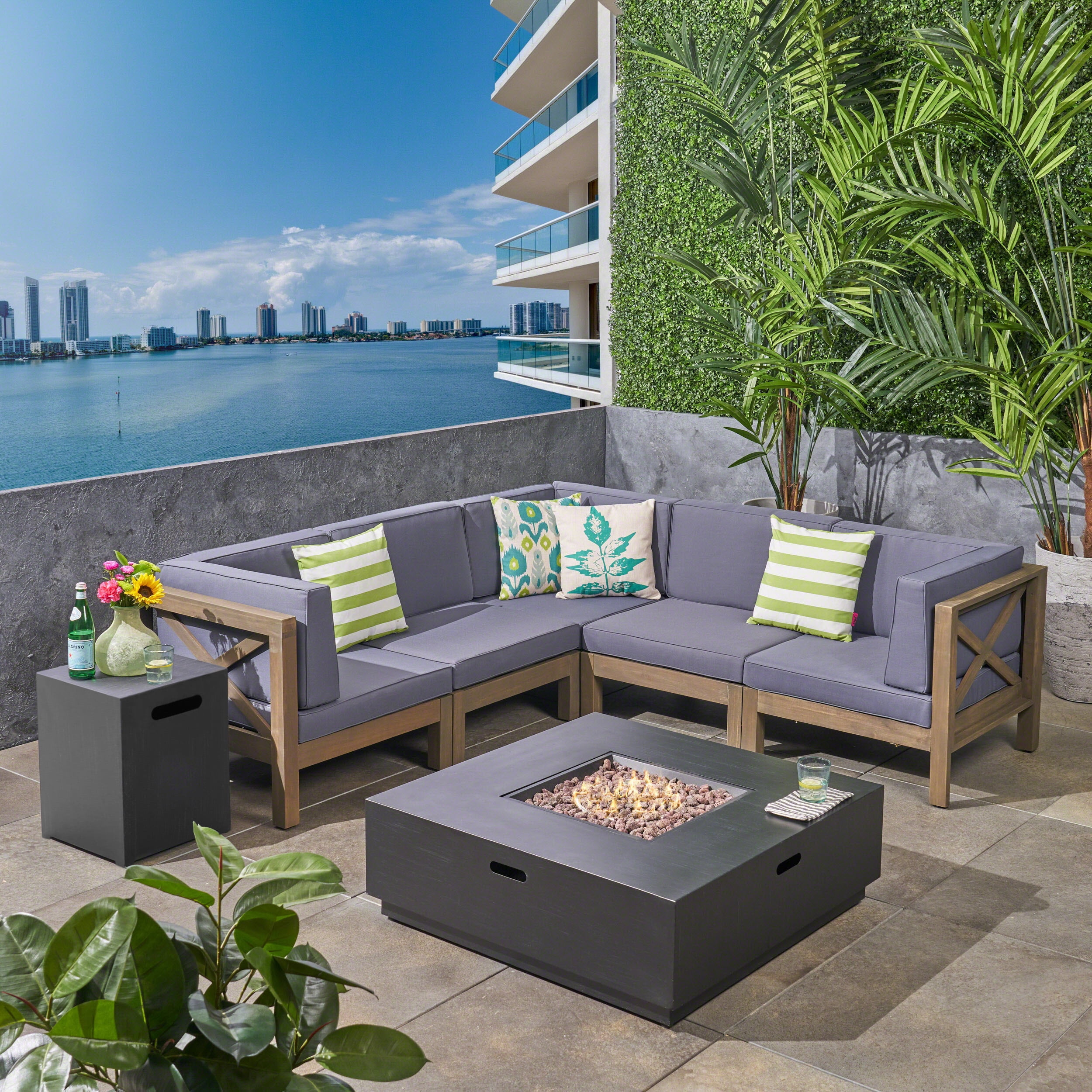 Noble House Culatra 7 Piece Outdoor Acacia Wood Sectional Sofa Set in ...