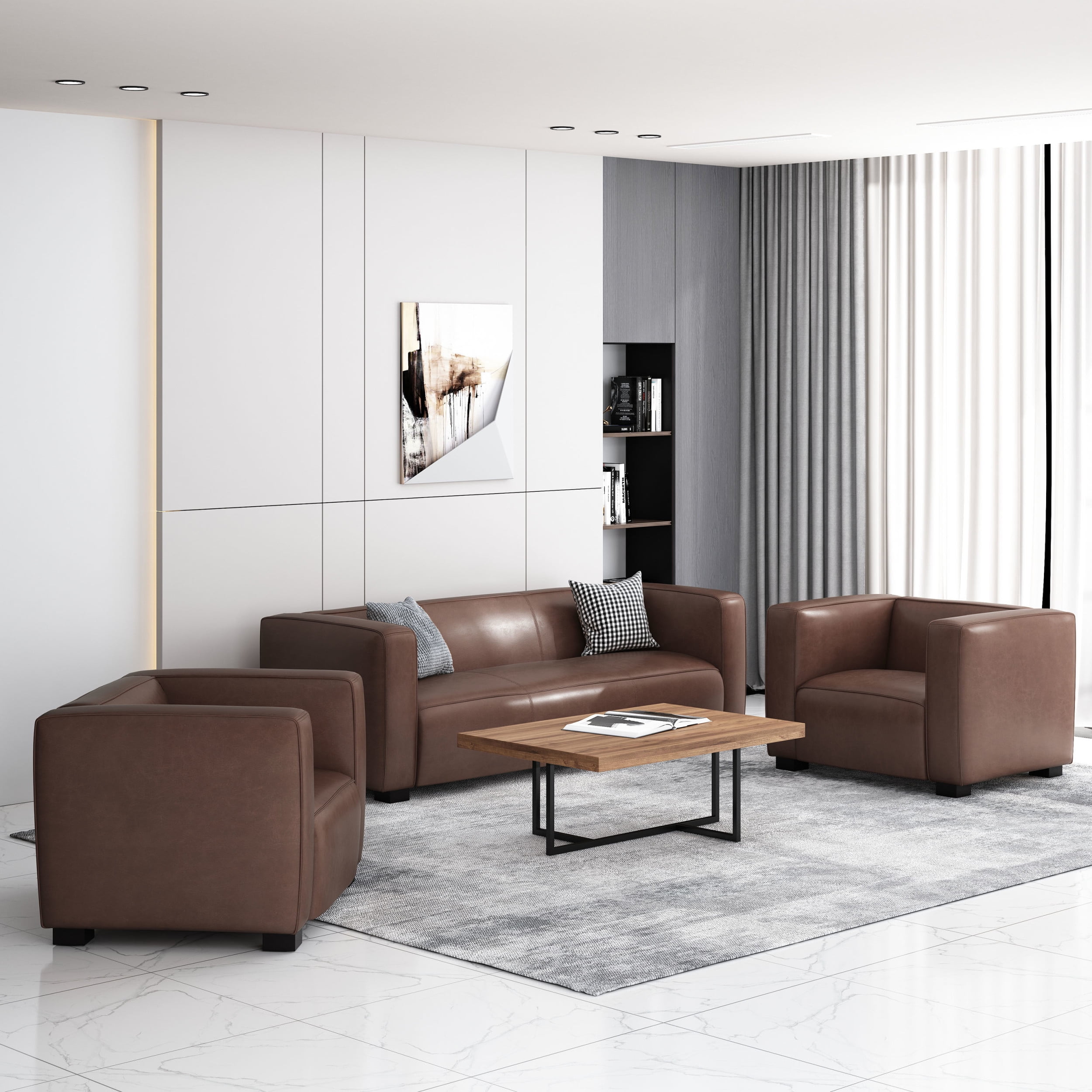 Noble House Faux Leather Club Chair & Sofa Set - Dark Brown - Walmart.com