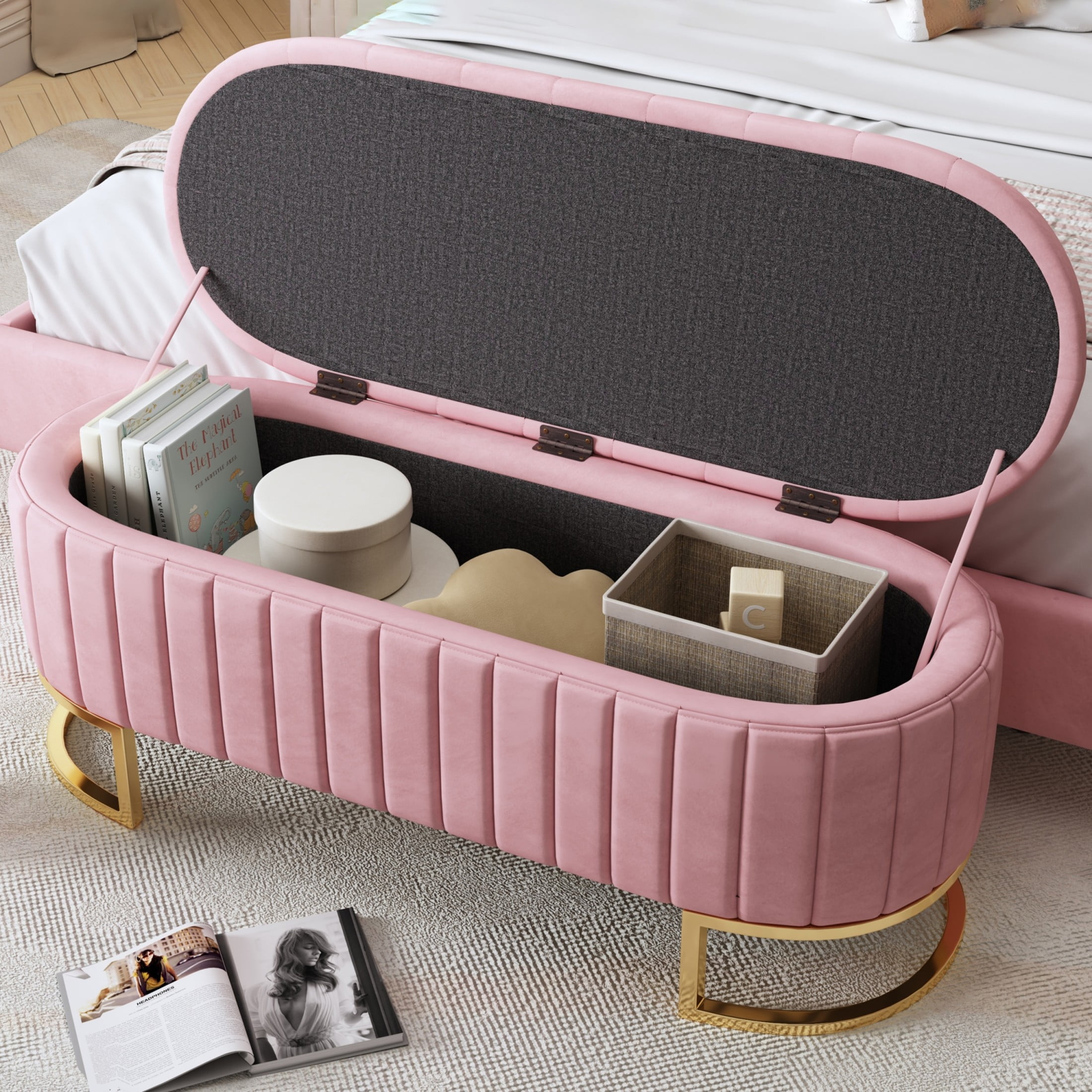 Noble House Elegant Upholstered Velvet Storage Ottoman with Button ...