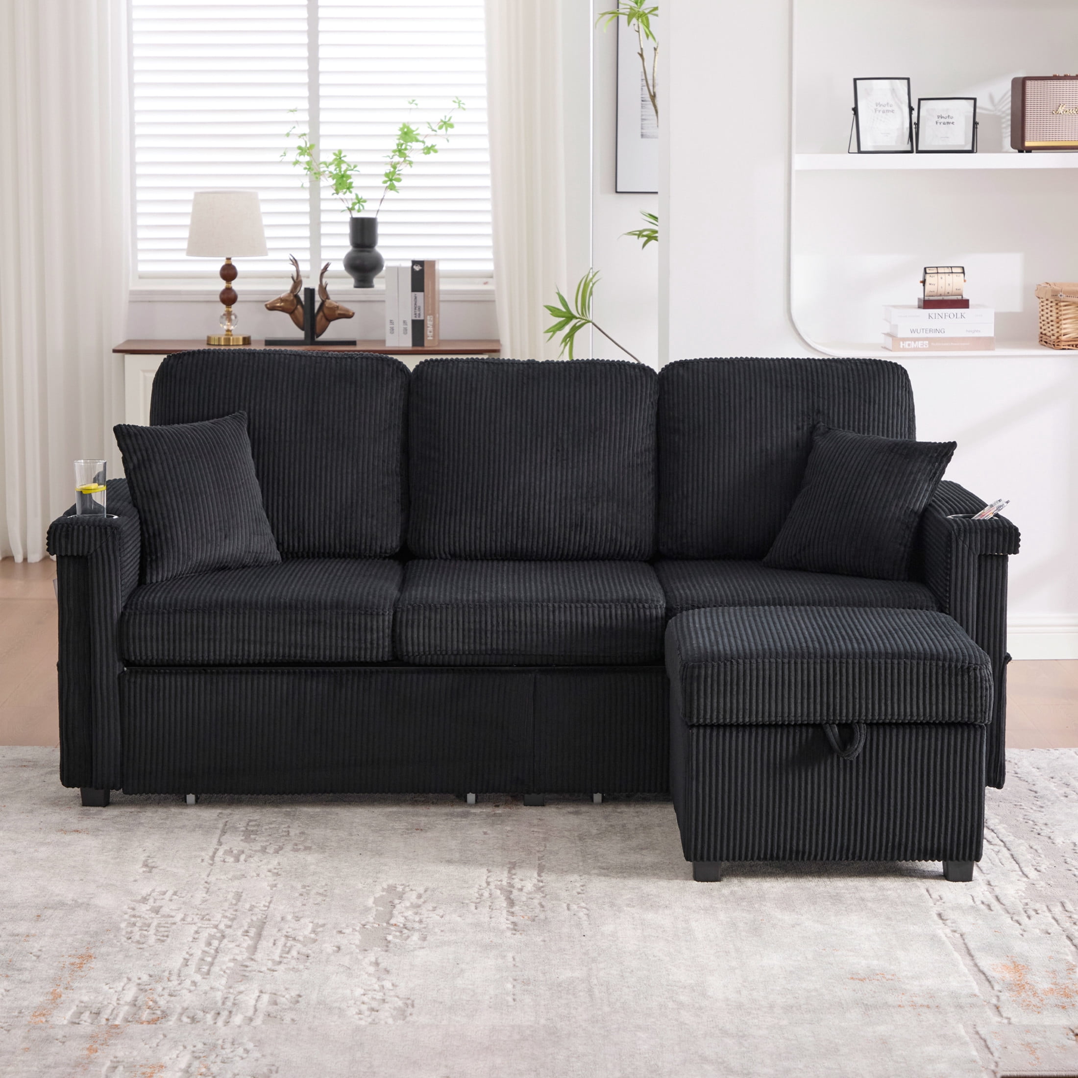 Noble House Elena 4-Seater L-Shaped Corduroy Sectional Sofa with Pull ...