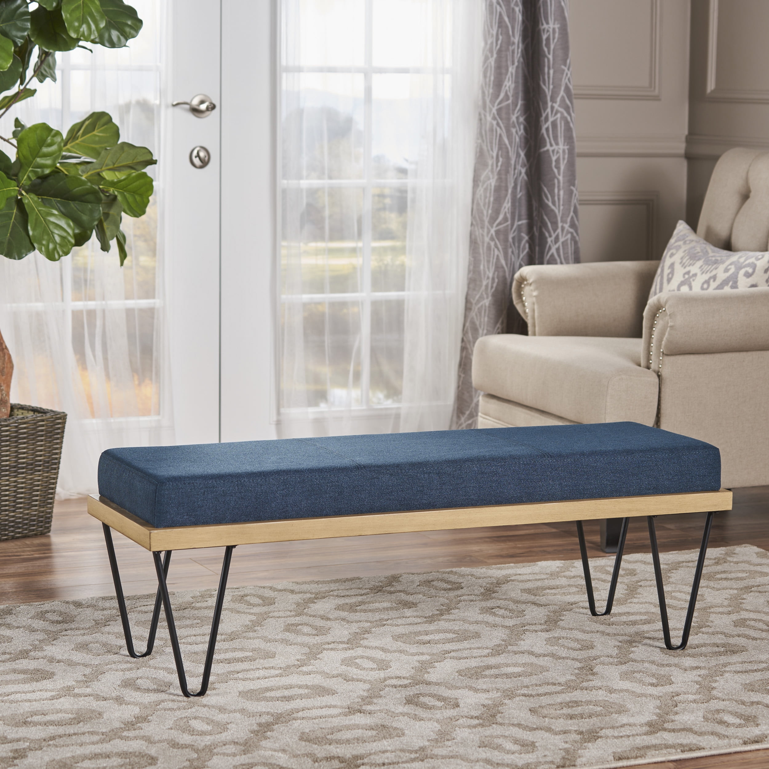 Noble House Ellen Industrial Modern Fabric Bench,Navy Blue - Walmart.com