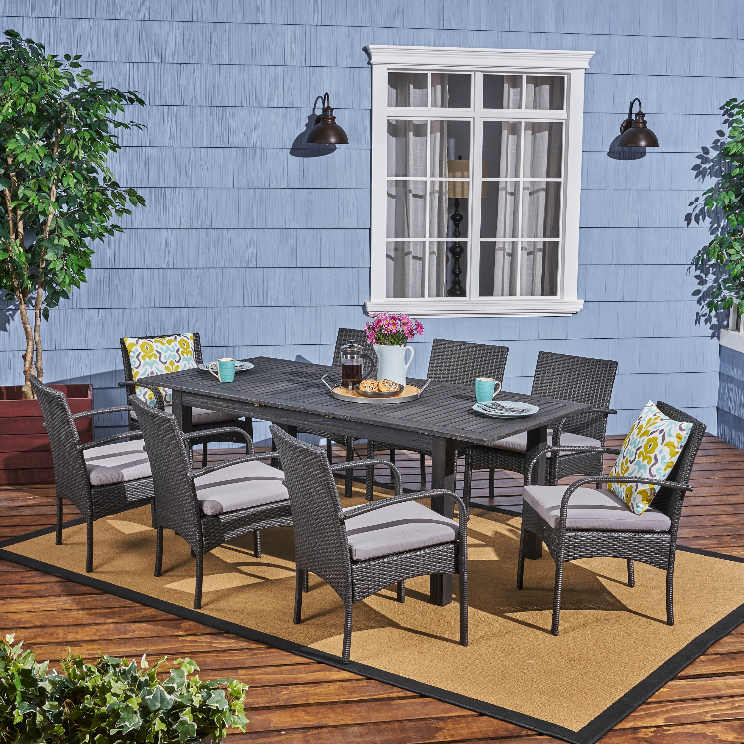 Noble House Elmar 9 Piece Wooden Expandable Patio Dining Set in Dark ...
