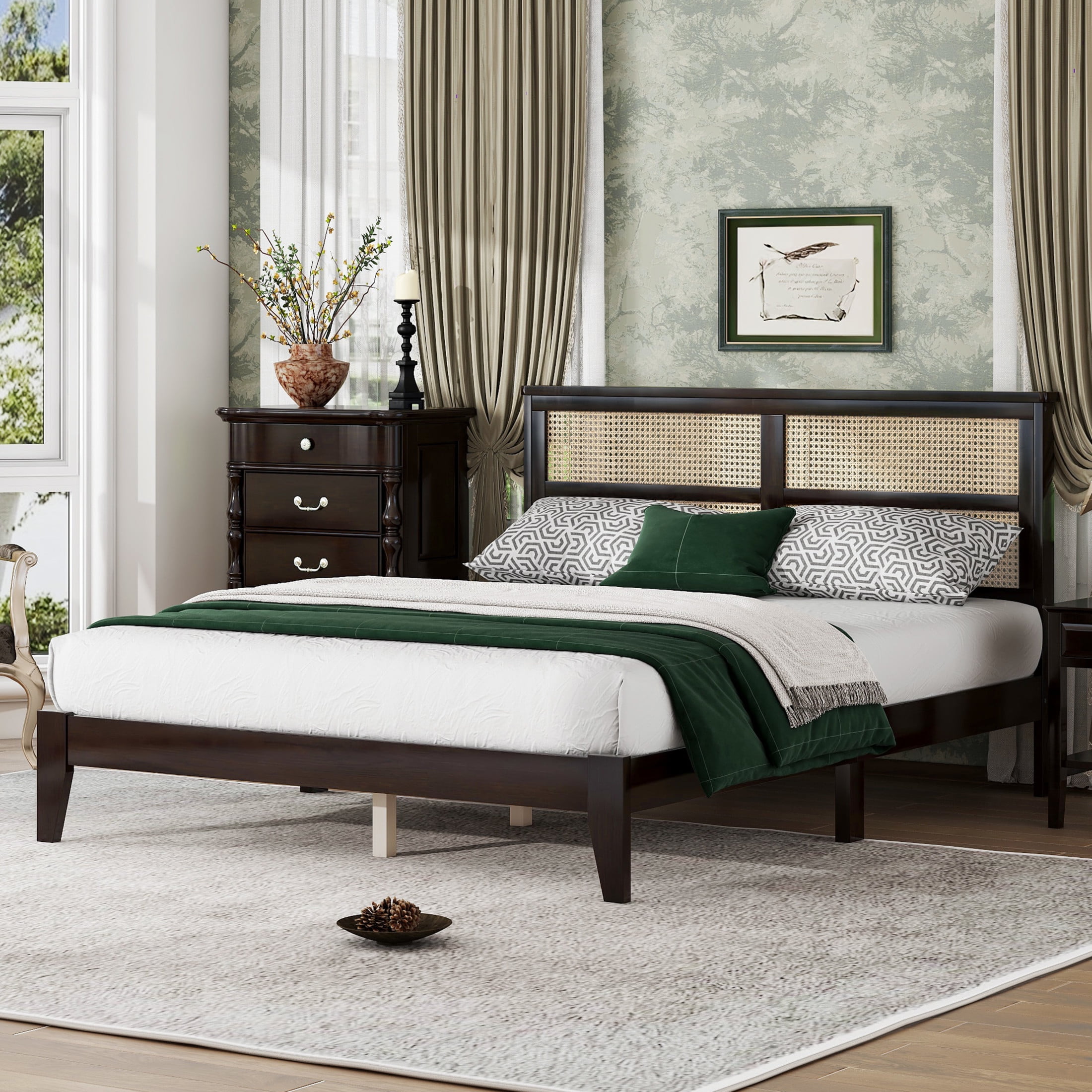 Noble House Elsie Queen Bed, Rubber Wood Frame with PE Rattan Headboard ...
