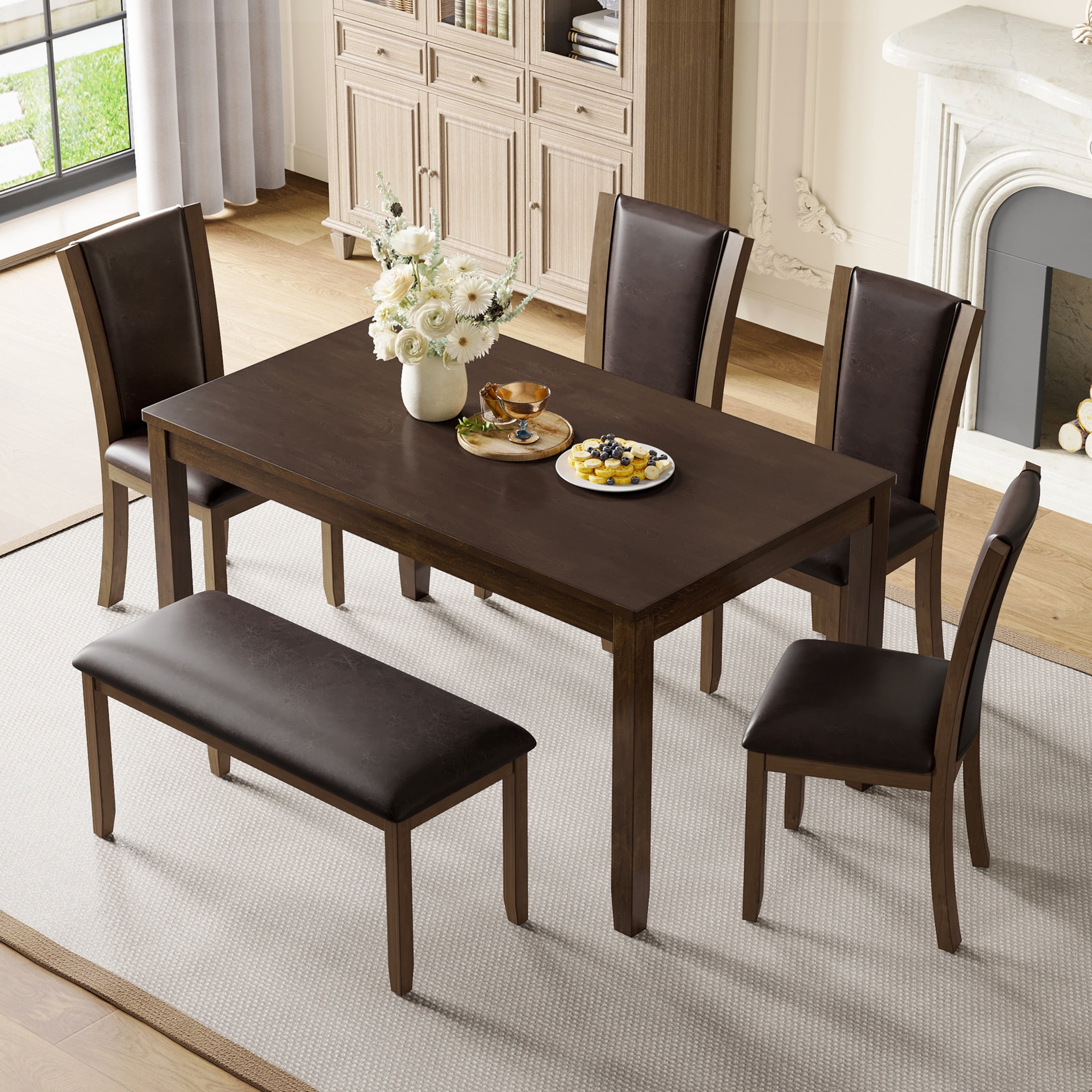 Noble House Farmhouse Dining Table Set for 6 with Bench and Leather ...
