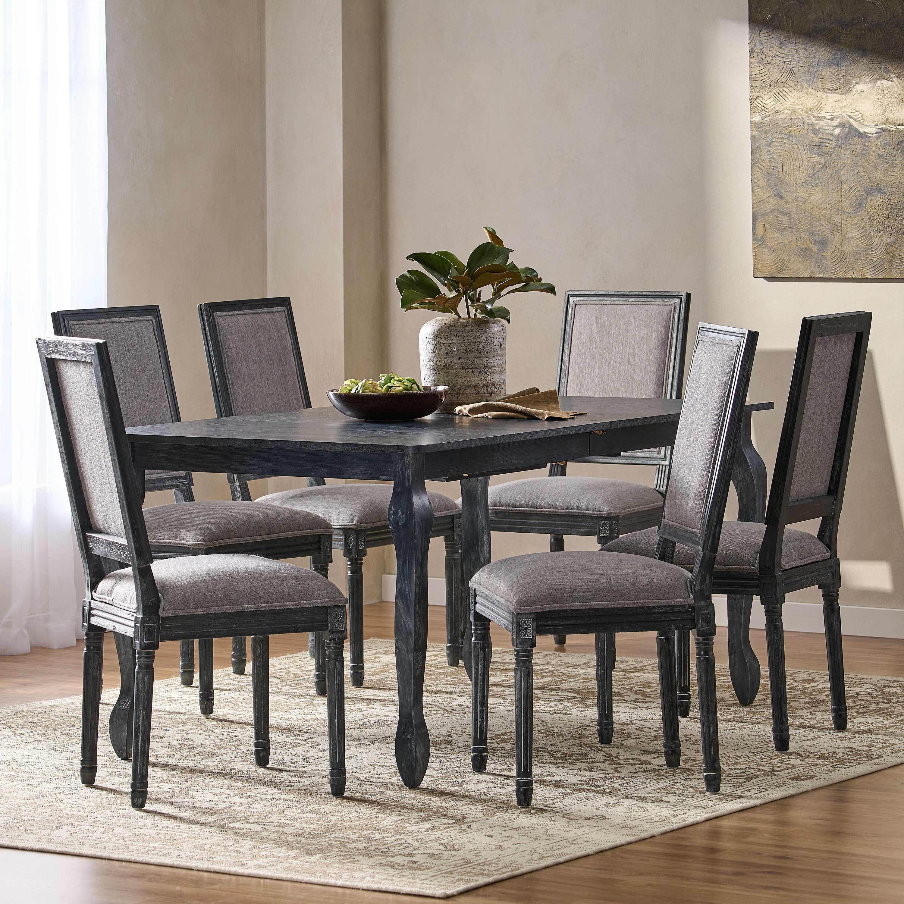 Noble House Fescue Fabric Upholstered Wood Expandable 7 Piece Dining ...
