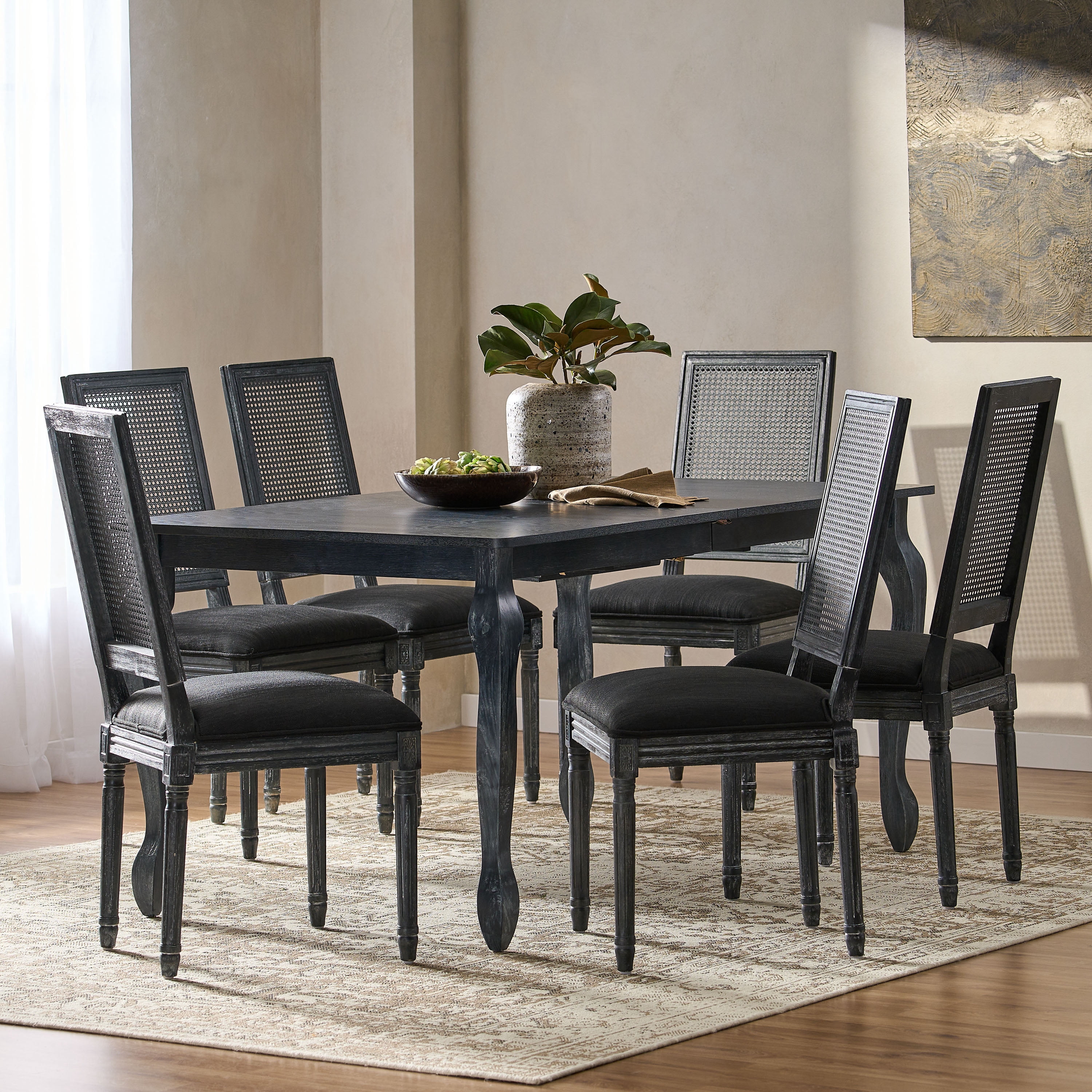 Noble House Fescue Fabric Upholstered Wood and Cane Expandable 7 Piece ...