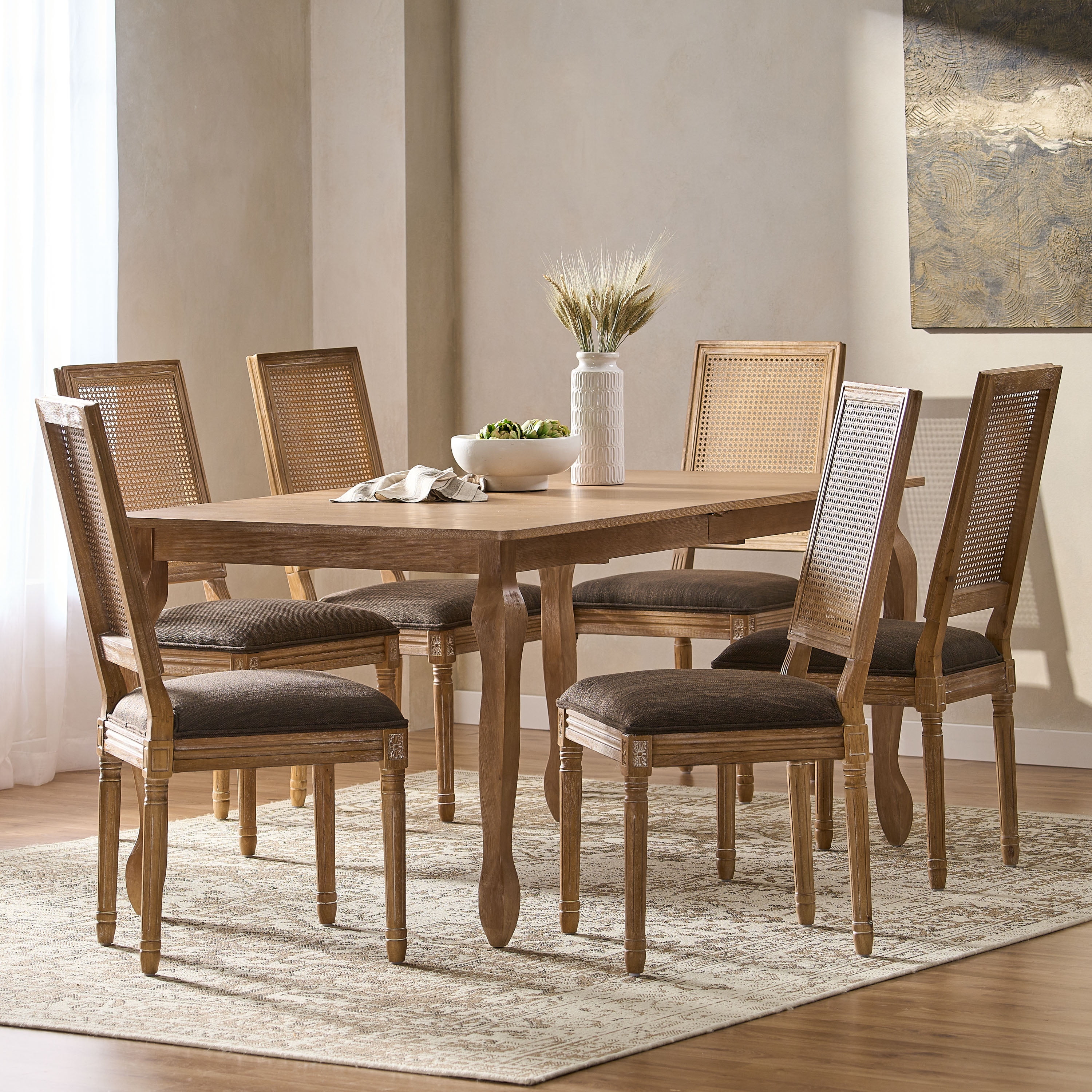 Noble House Fescue Fabric Upholstered Wood and Cane Expandable 7 Piece ...