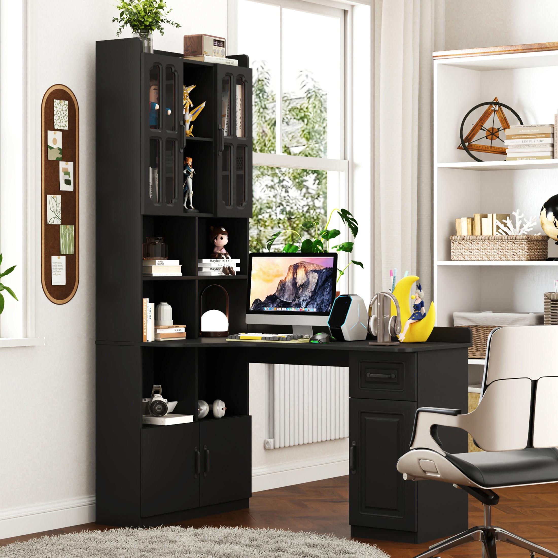 Noble House Florin 55" L-Shaped Corner Desk with Hutch, Modern Wooden ...