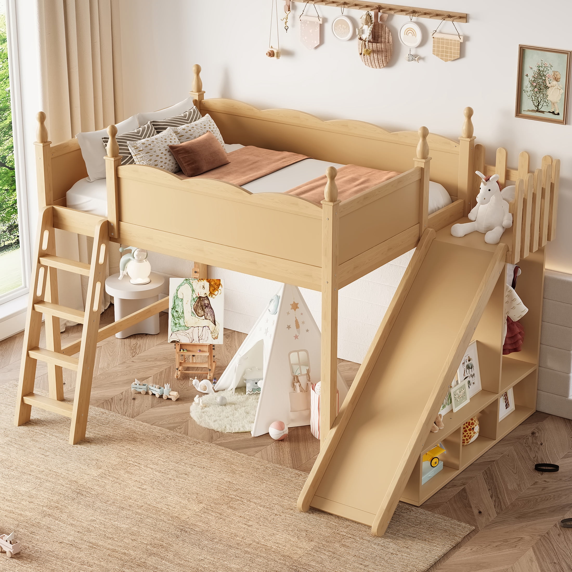 Noble House Full Loft Bed with Storage Shelves, Detachable Slide and ...