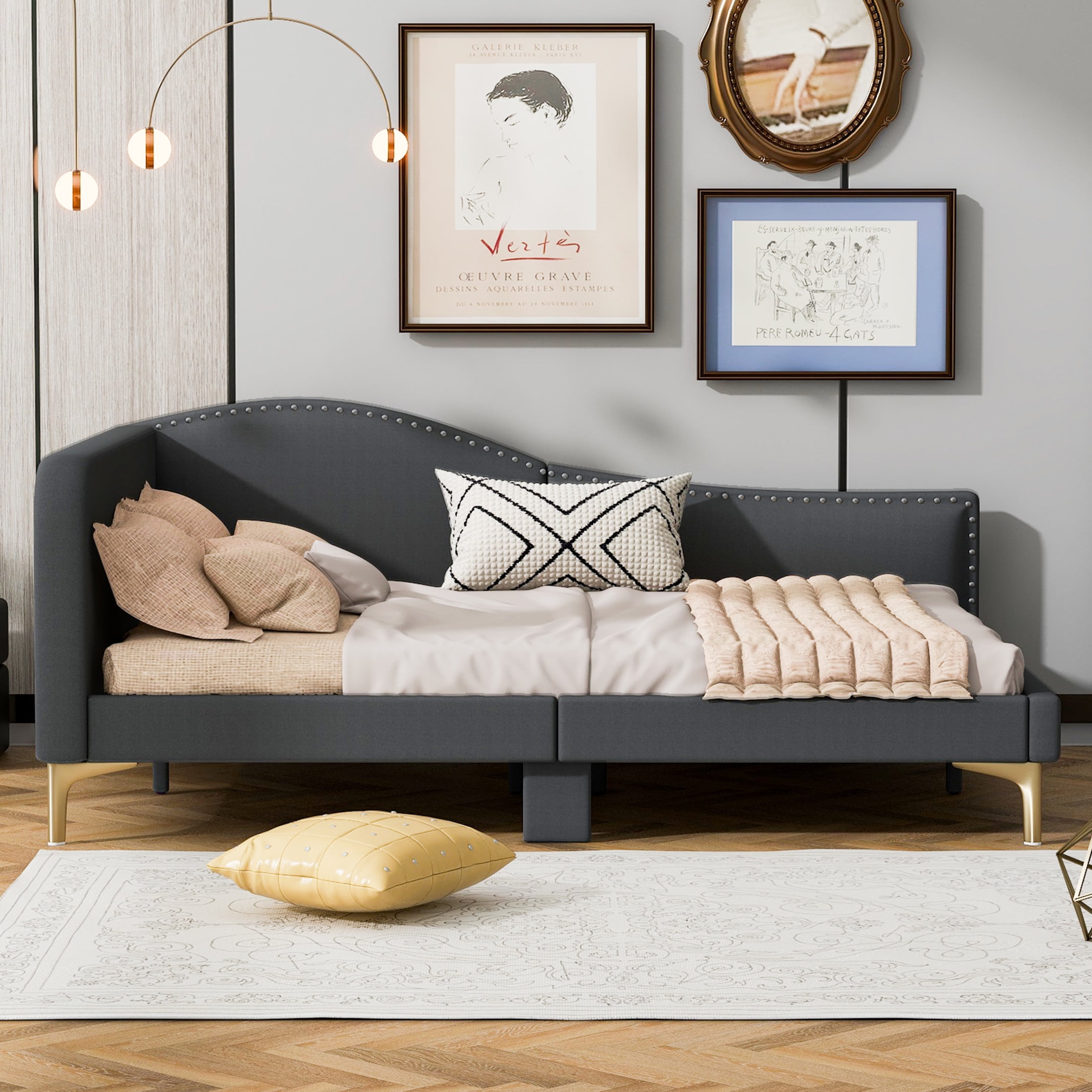 Noble House Full Upholstered Daybed, Modern Linen Sofa Bed with Armrest ...