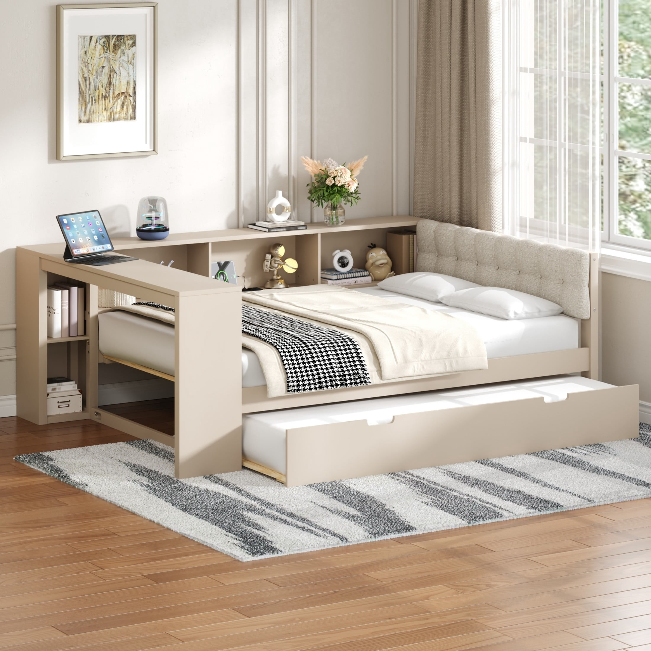 Noble House Full Wooden Platform Bed, Upholstered Headboard, Storage ...