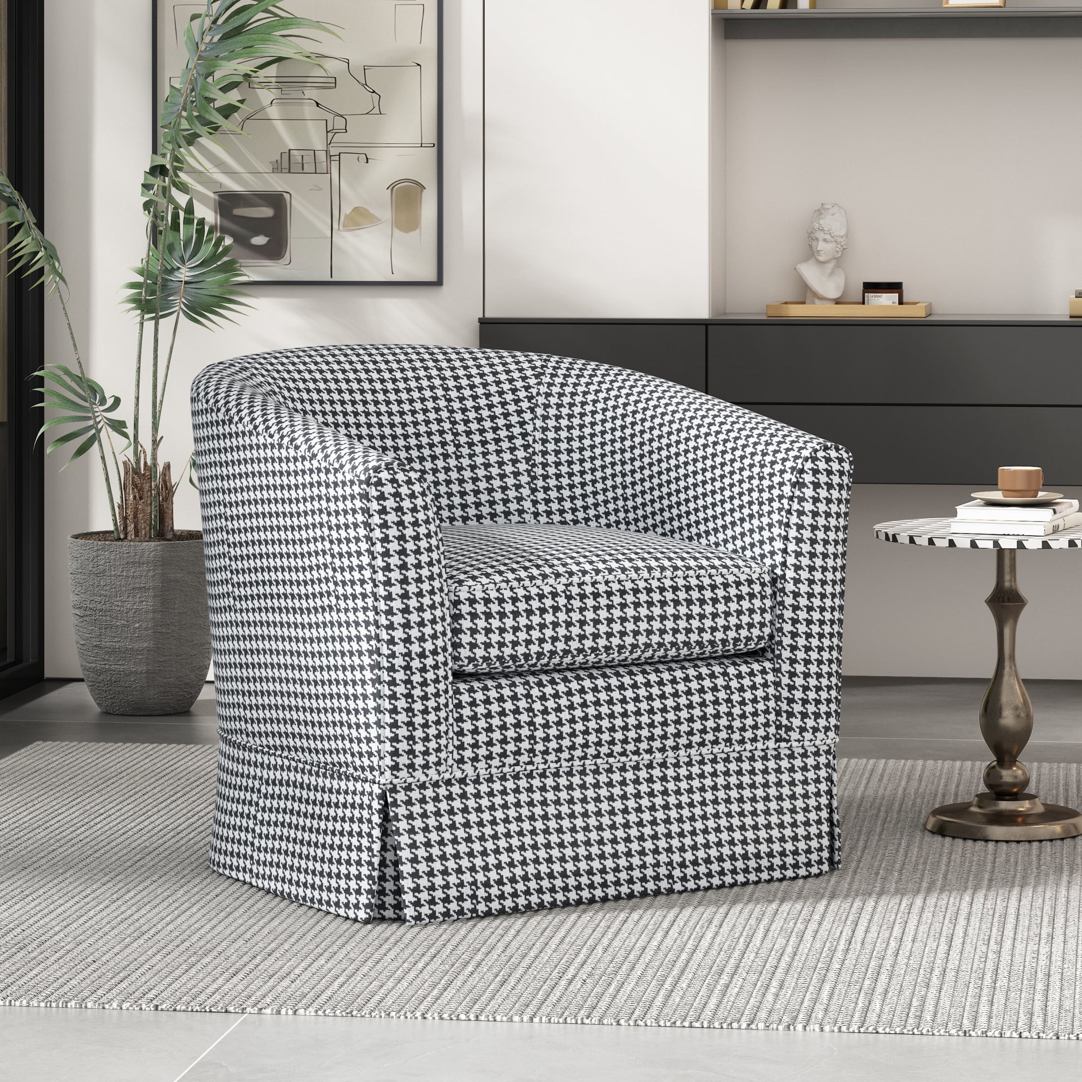 Noble House Glouster Modern Swivel Club Chair, White/Black Houndstooth ...