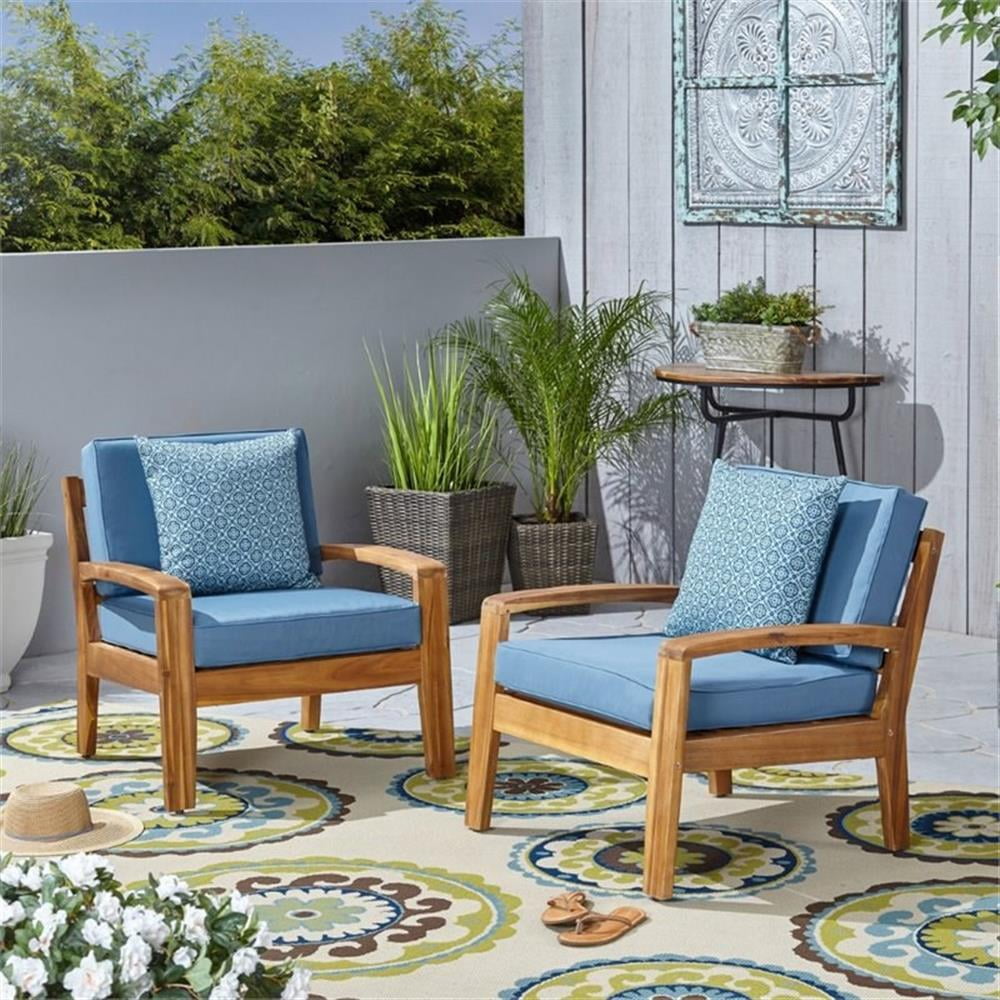 Noble House Grenada Outdoor Acacia Wood Club Chair in Teak and Blue ...