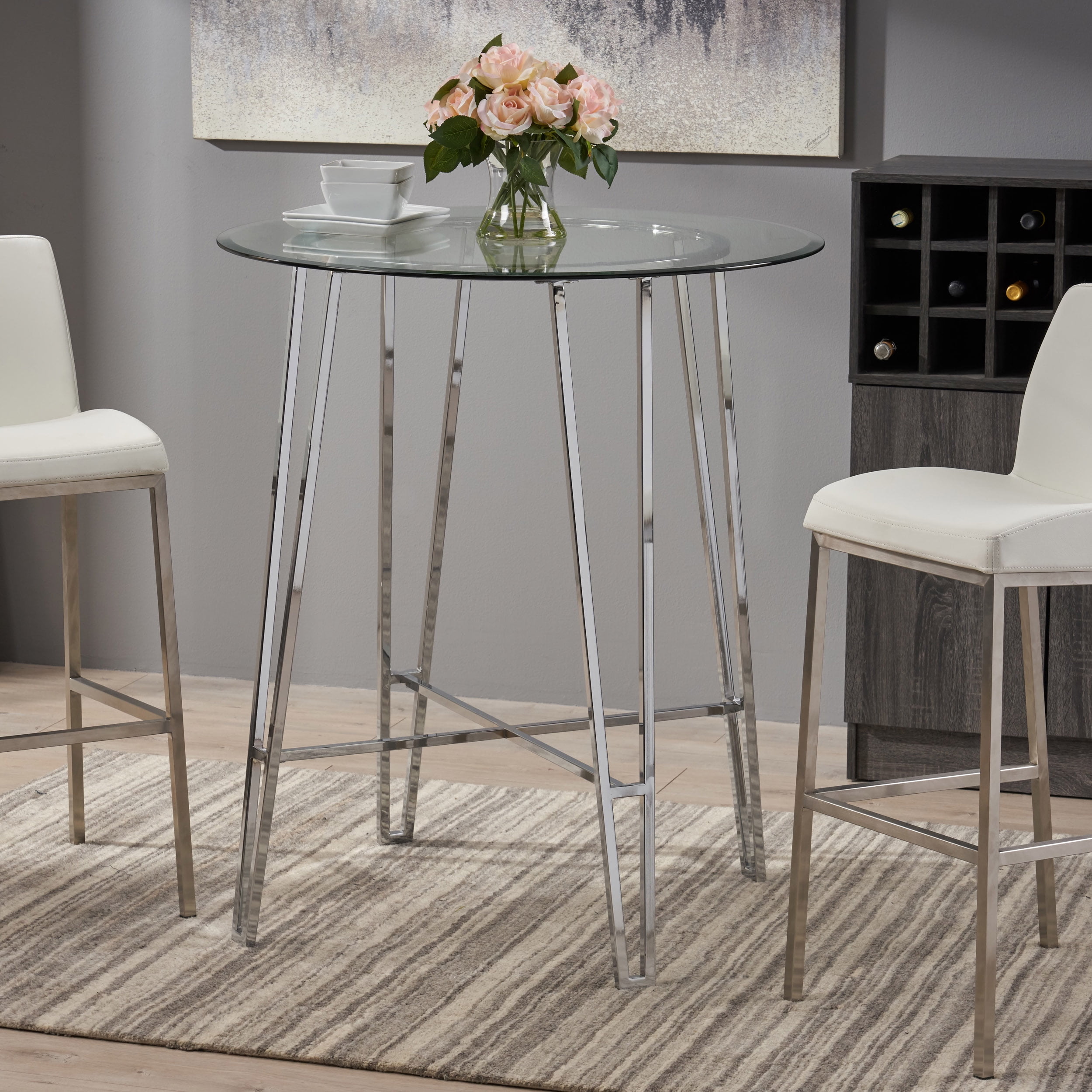 Noble House Jash Modern Iron Bar Table with Round Tempered Glass Top ...