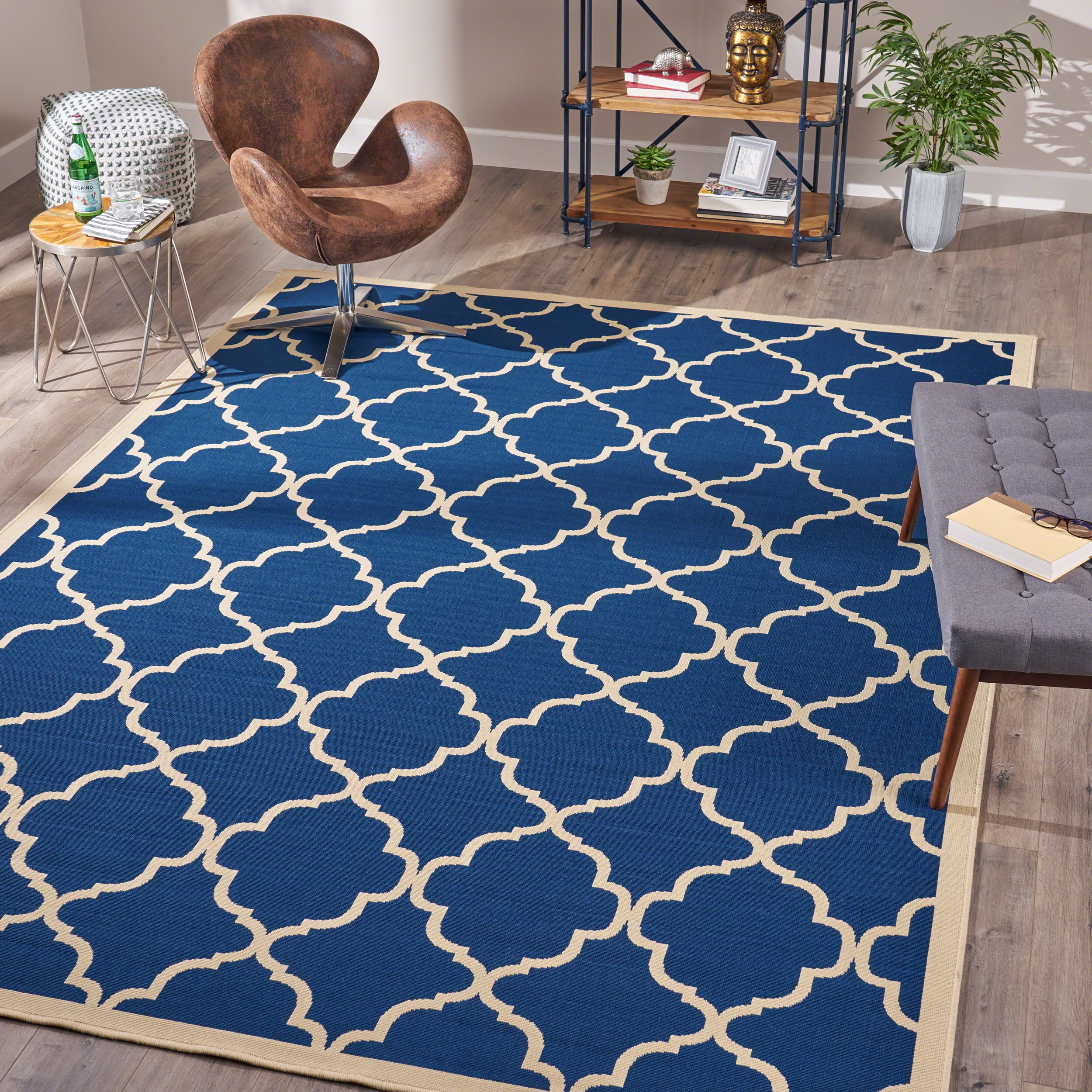 Noble House Jolene Indoor Geometric 8 x 11 Area Rug, Navy, Ivory ...