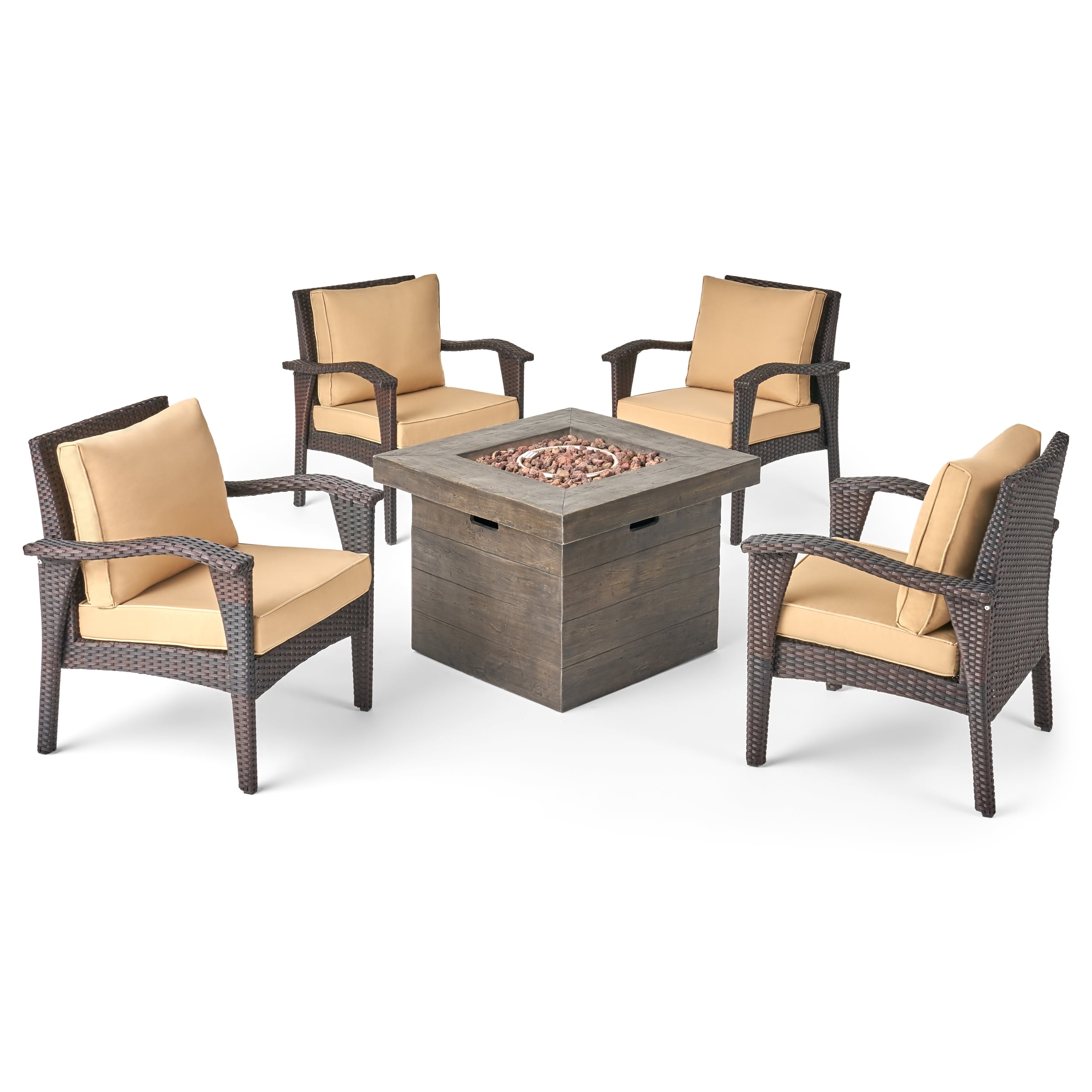 Noble House Keana 5 Piece Outdoor Fire Pit Conversation Set in Brown ...