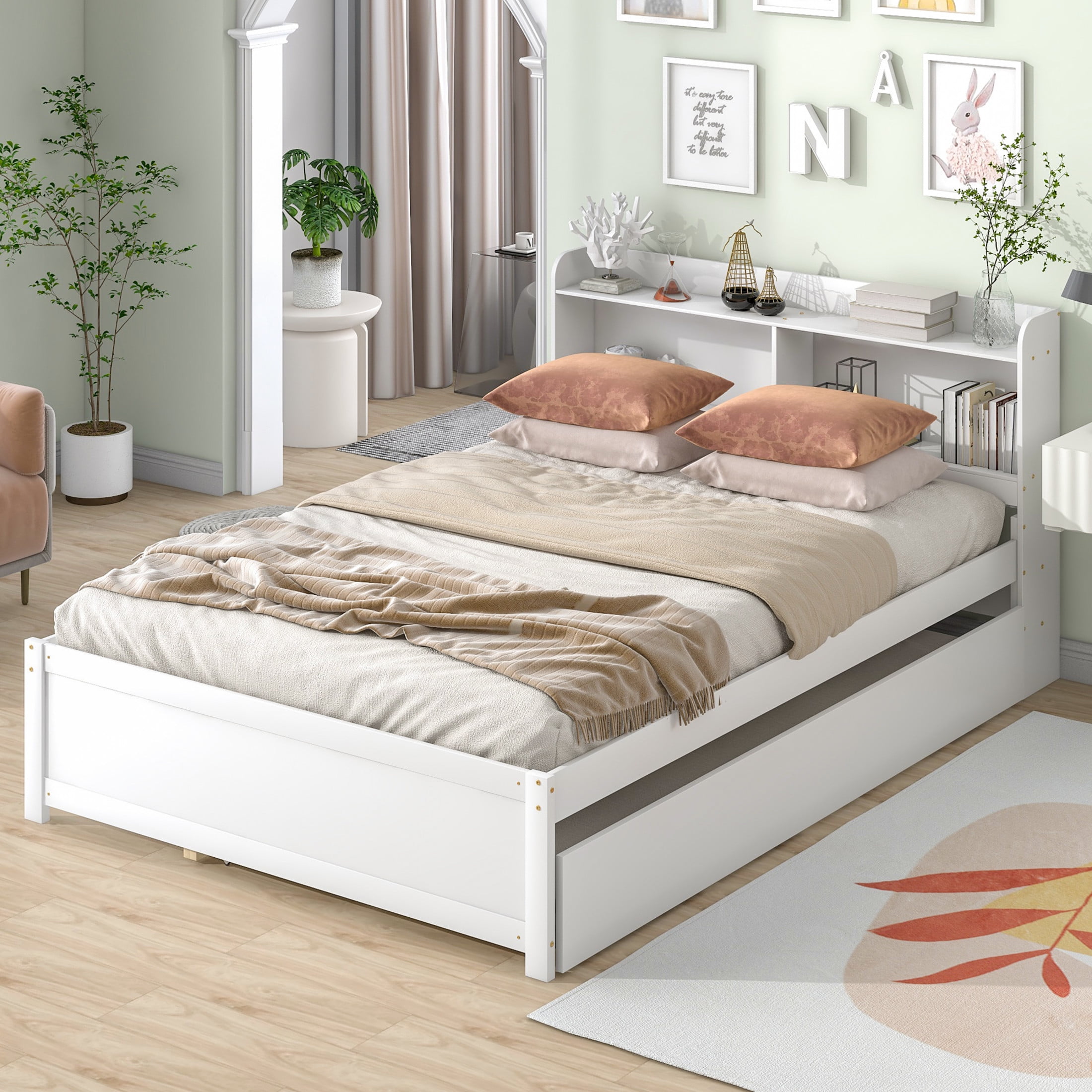 Noble House Keith Full Bed, Pine Wood Frame with Bookcase Headboard and ...