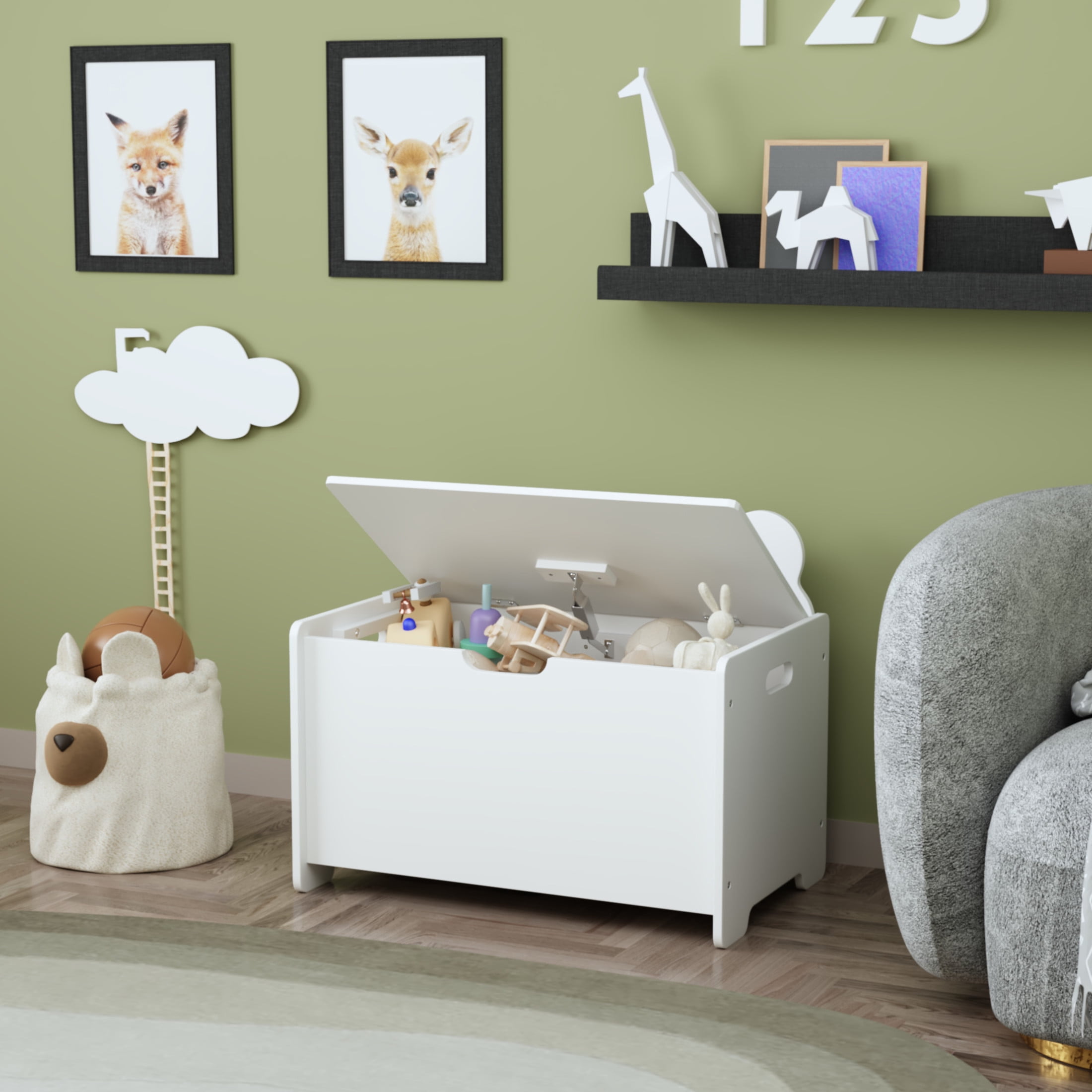 Noble House Kids Wooden Toy Box with Bear Backboard, Safety Hinged Lid ...