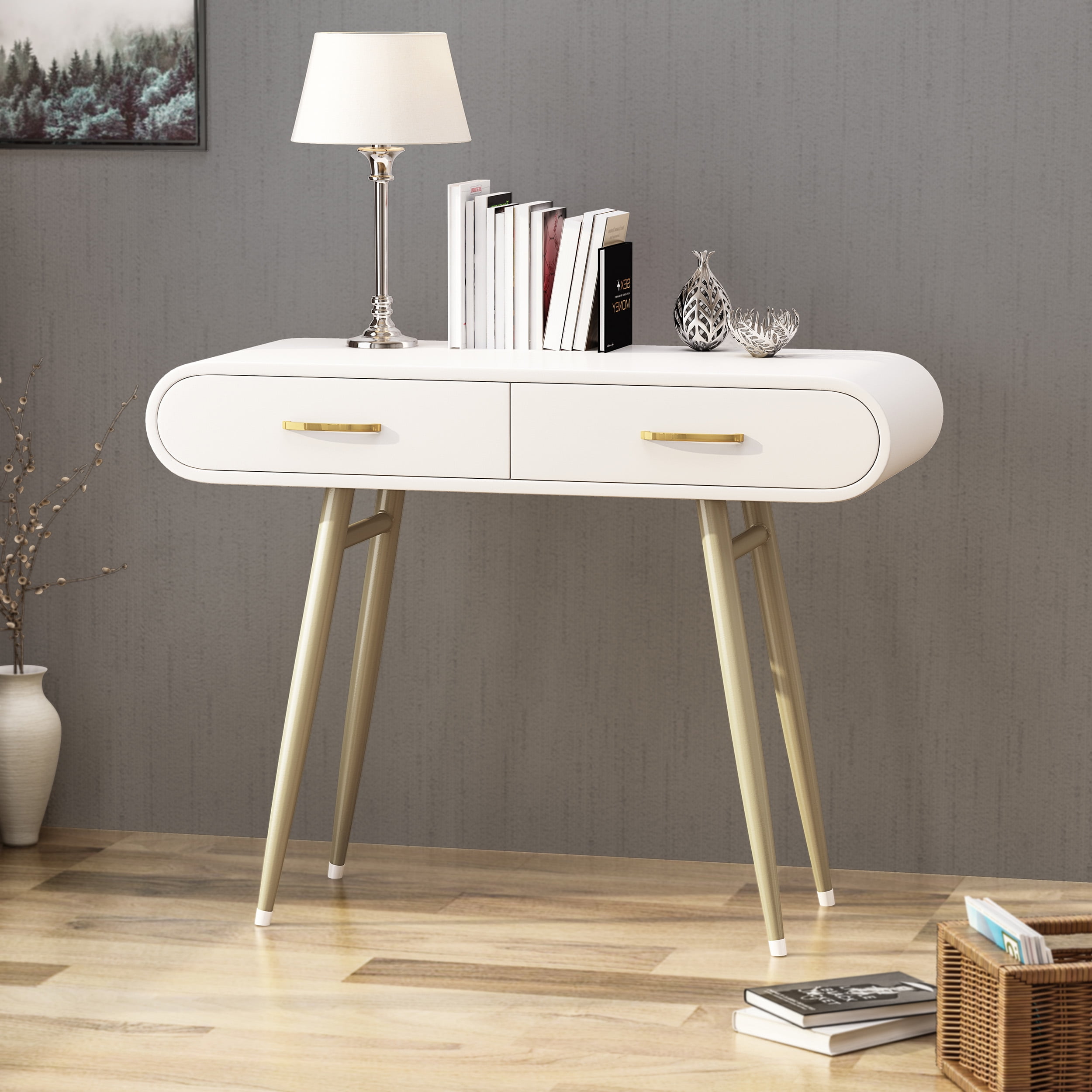 Noble House Kirill Modern Glam Vanity Table White Finish Champagne Gold ...