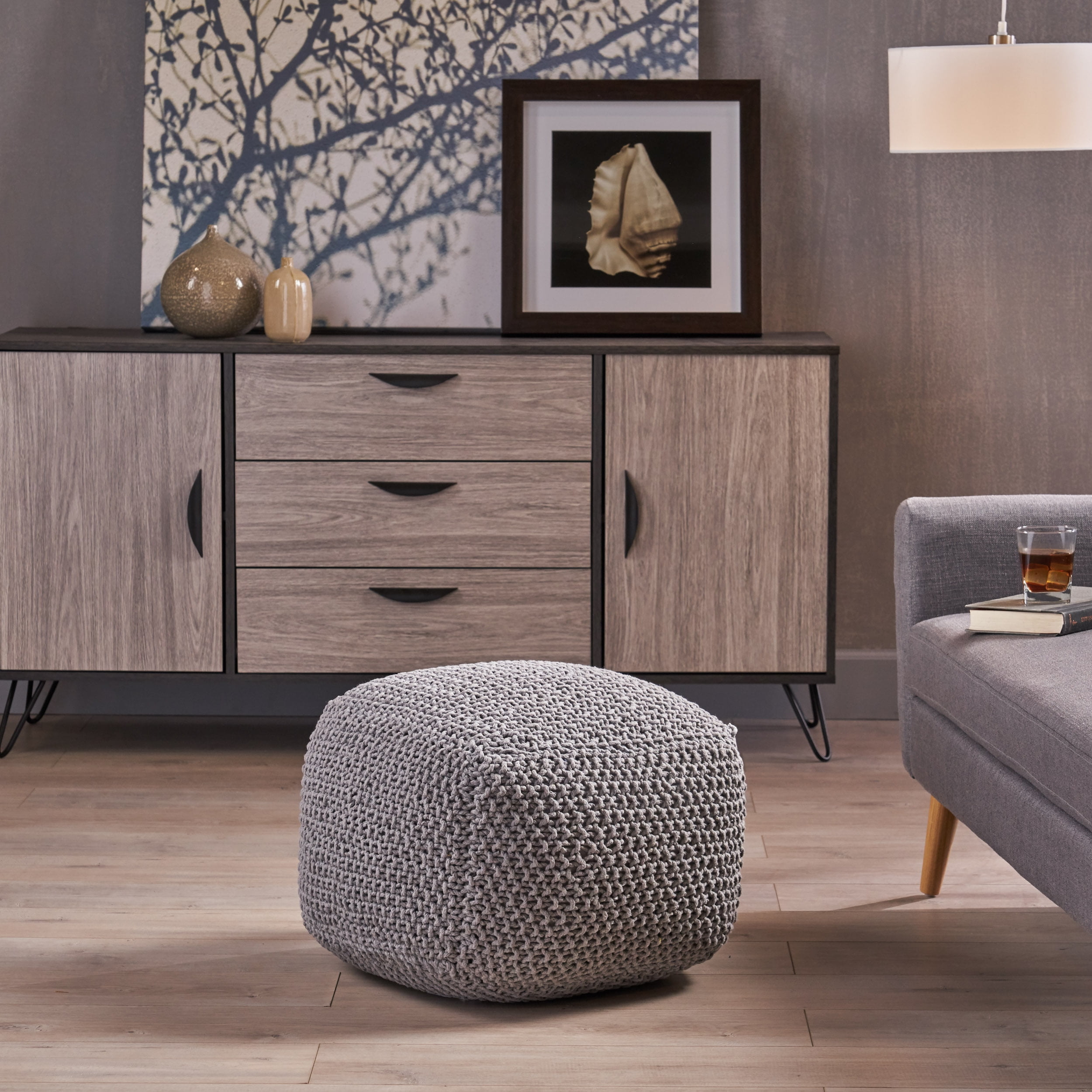 Noble House Knitted Cotton Square Pouf, Light Grey - Walmart.com