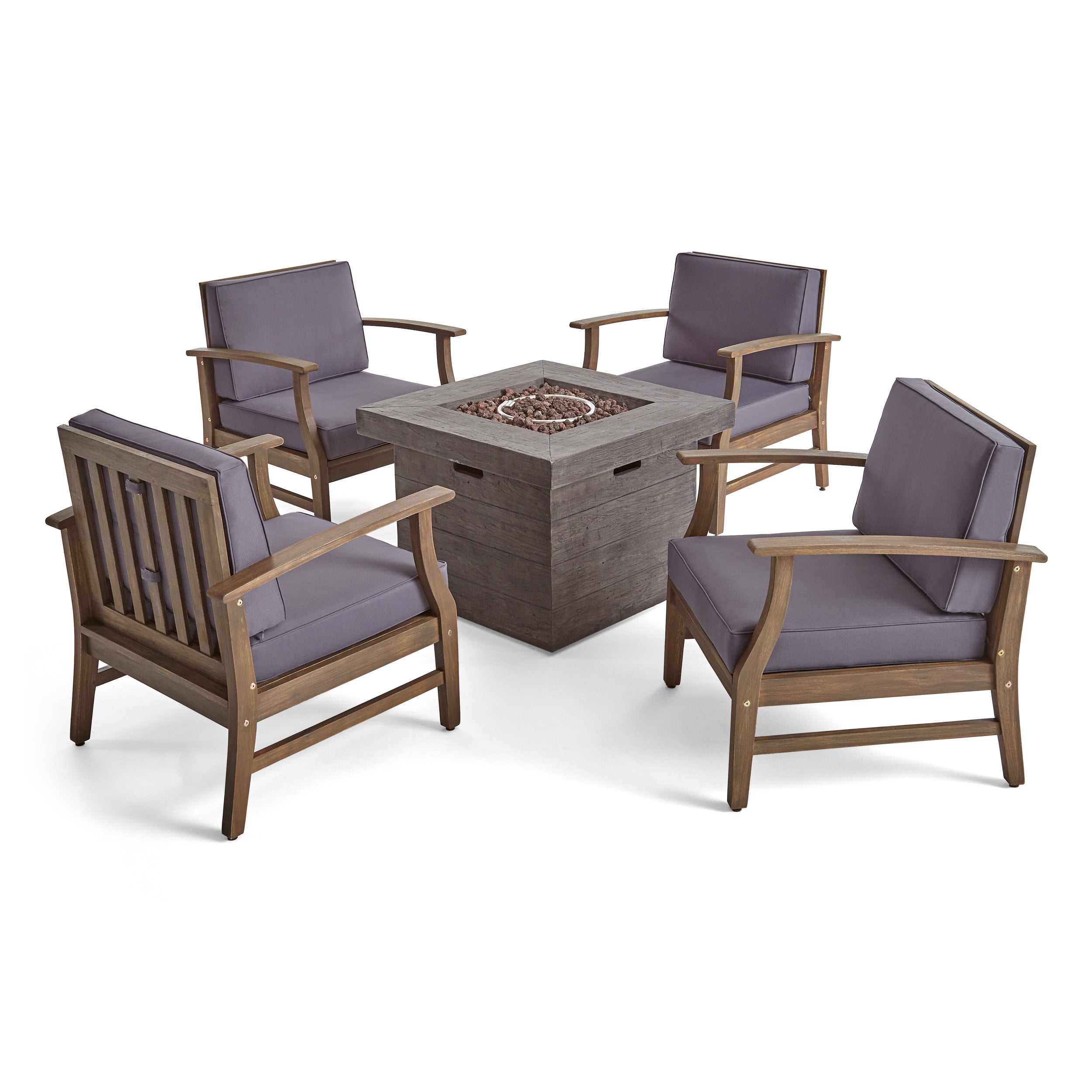 Noble House Kourtney Outdoor 5 Piece Club Chair And Fire Pit Set Gray