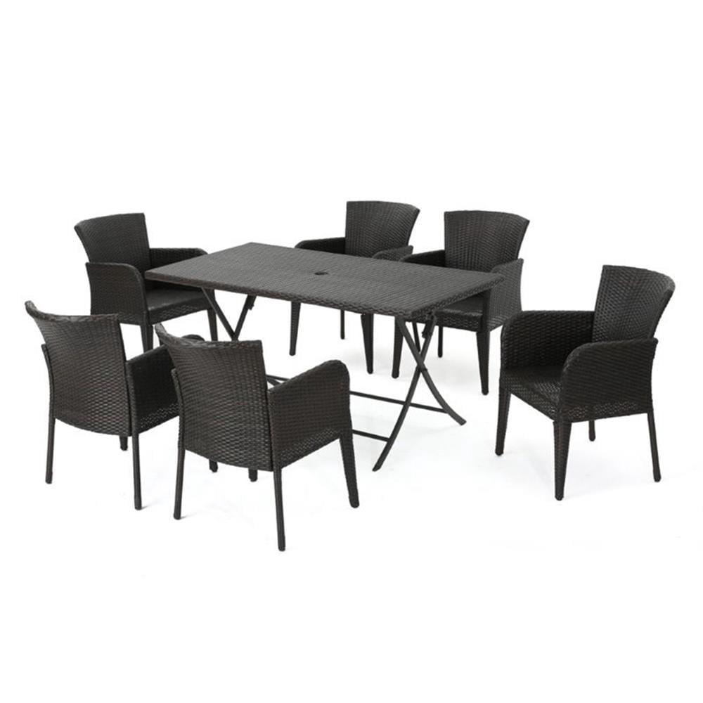 Noble House Kylon 7 Piece Outdoor Wicker Dining Set in Multibrown ...