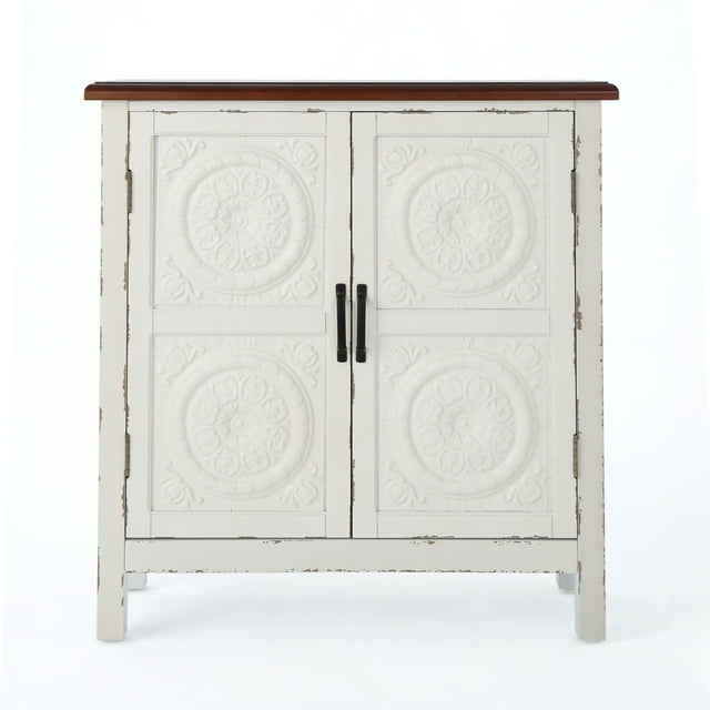 Noble House Leisha Farmhouse Firwood Distressed Cabinet with Carved ...