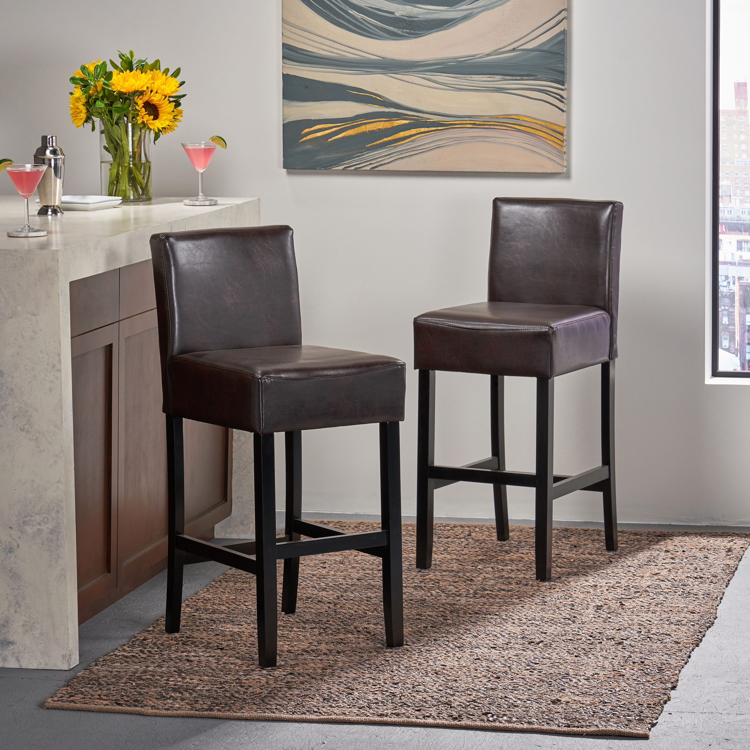 Noble House Linze Brown Bonded Leather Bar Stools - Set of 2 - Walmart.com
