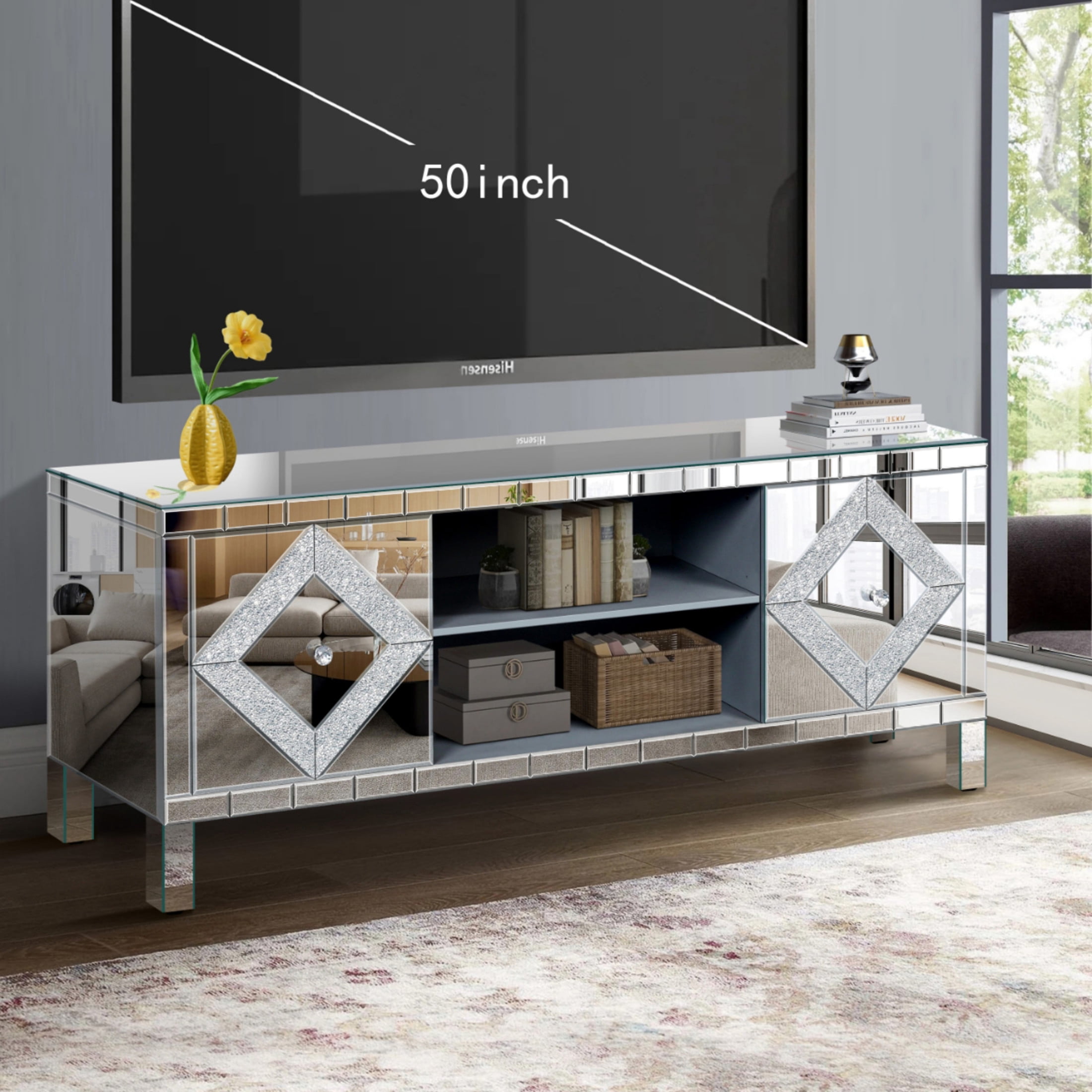 Noble House Mirrored TV Stand, 47" Diamond Glass Door Media Console ...