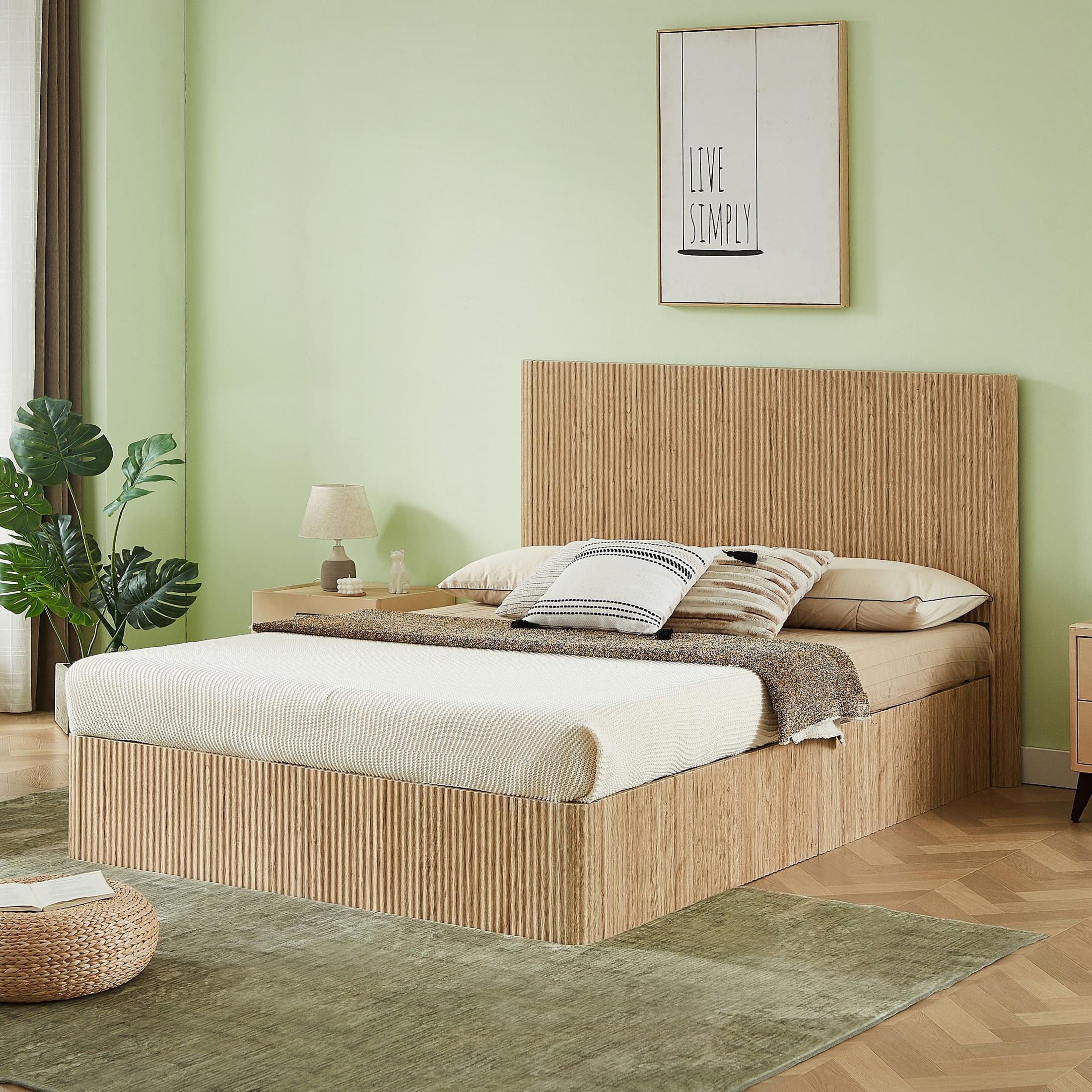 Noble House Modern Lift-Up Storage Bed Frame with Wooden Corrugated ...