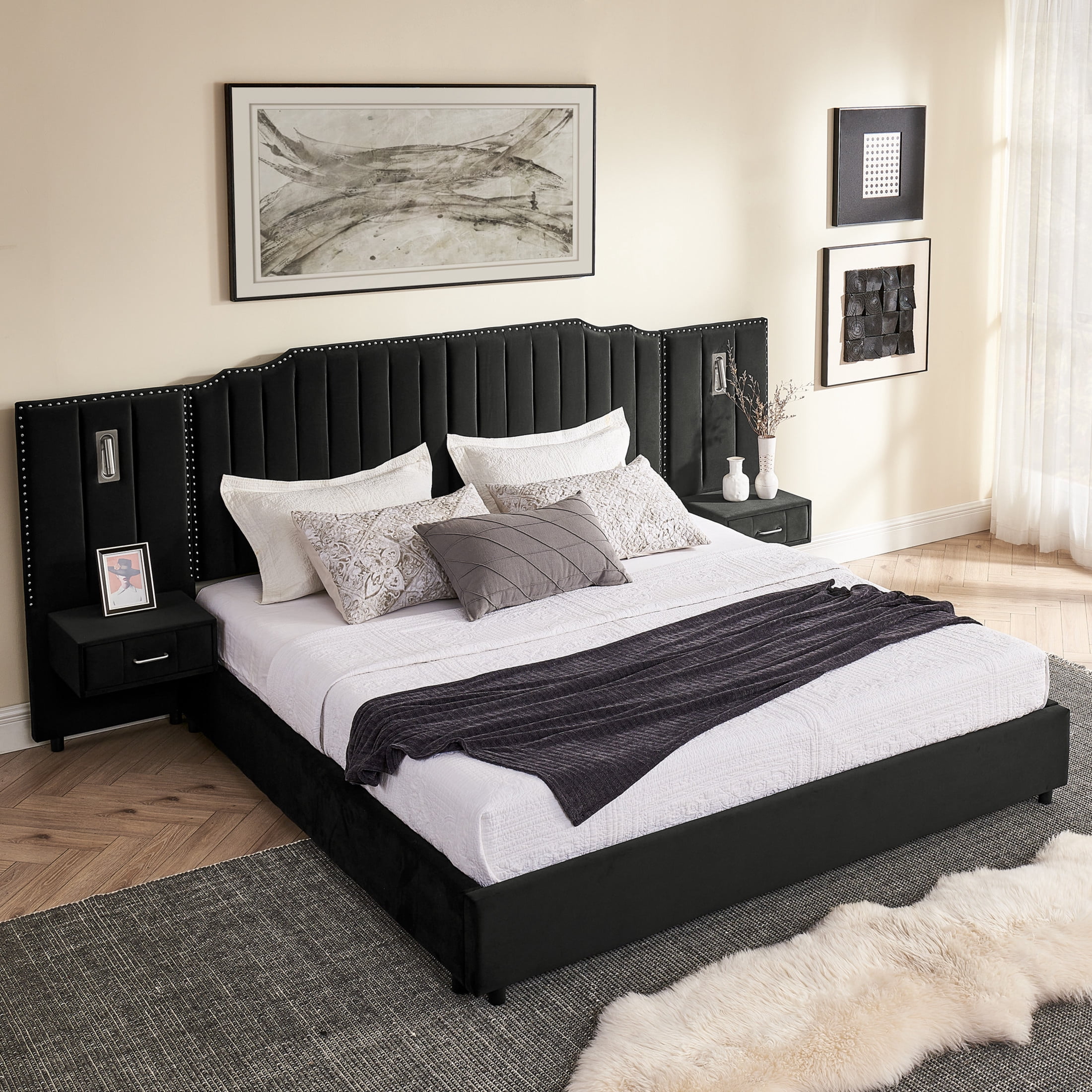 Noble House Neville 118" King Size Upholstered Bed Frame, Velvet ...