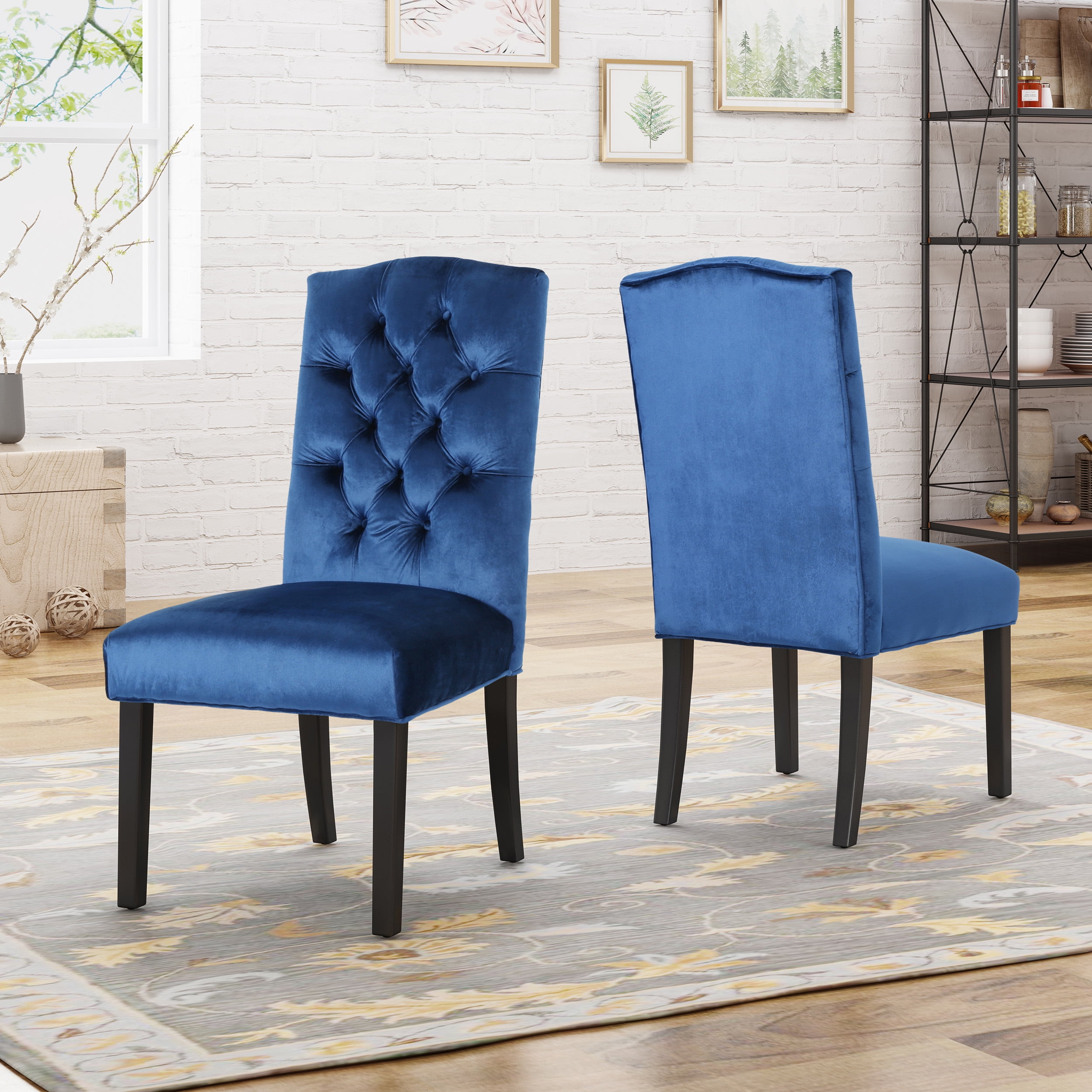 Noble House Nicholas Velvet Dining Chairs - Navy Blue & Dark Brown ...