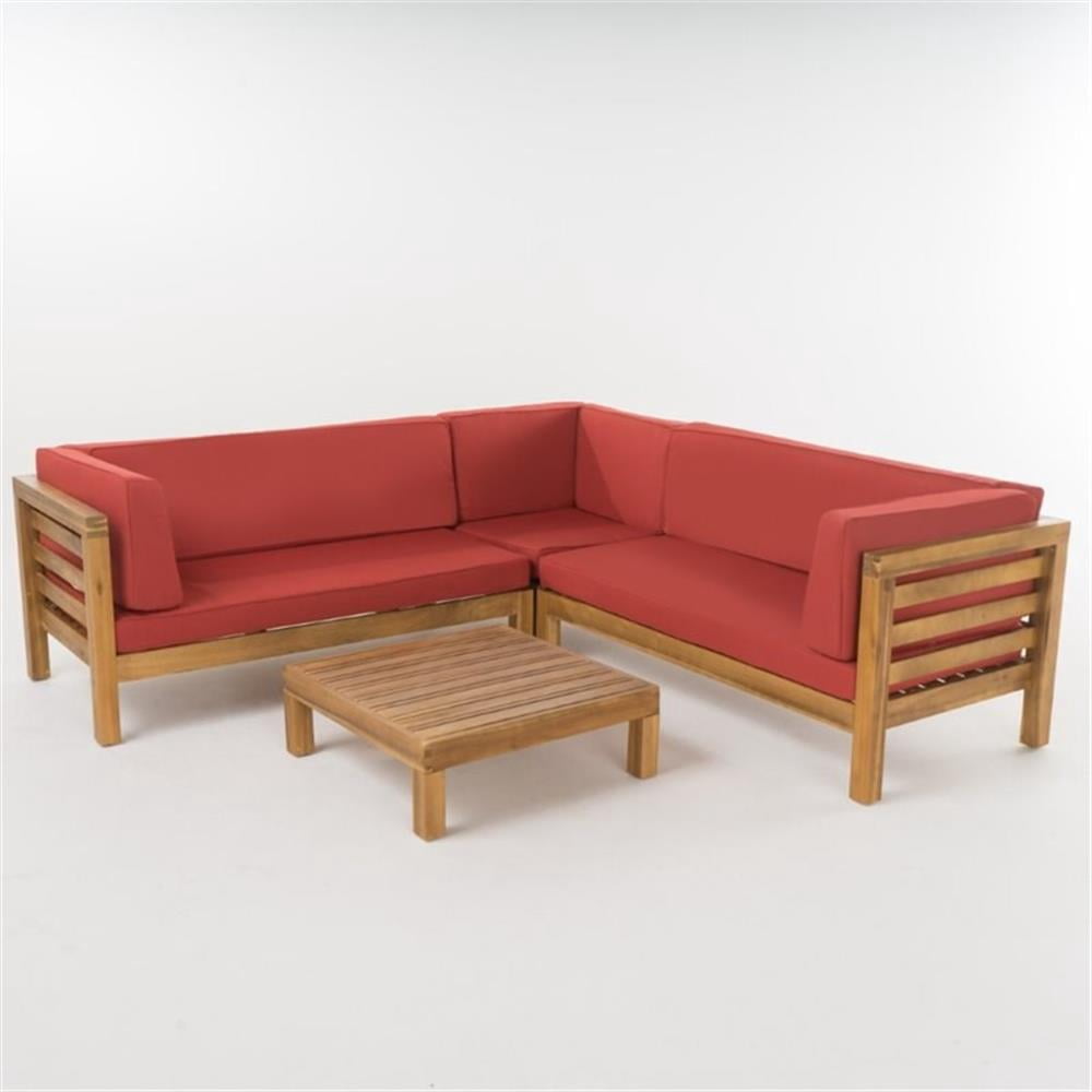 Noble House Oana 4-Piece Outdoor Acacia Wood Sectional Sofa Set in Red ...