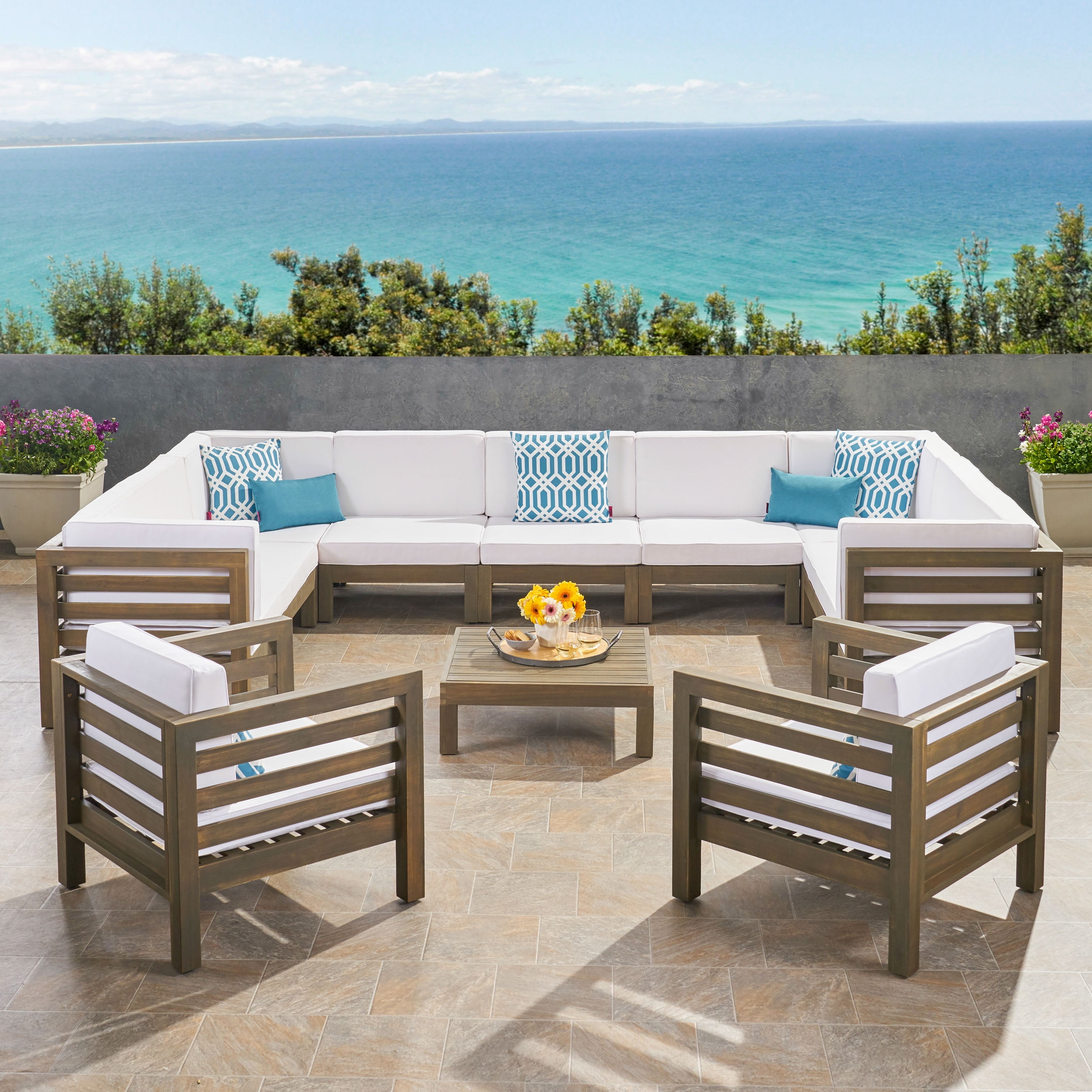 Noble House Oana Outdoor 11 Seater Acacia Wood Sectional Sofa Set Gray ...