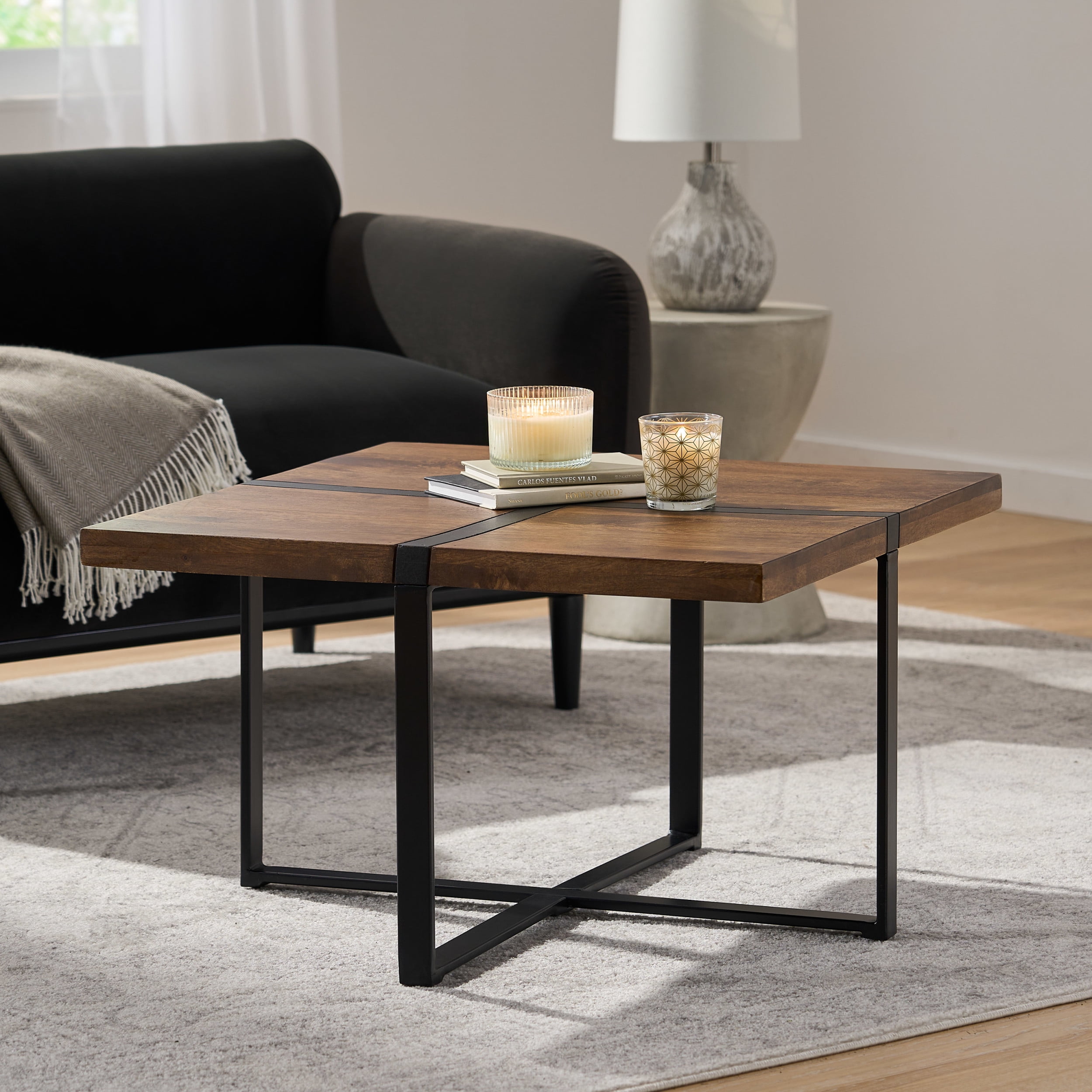 Free Shipping Noble House Parkey Mango Wood and Metal Handmade Square Coffee Table Walnut Brown and Black Walmart