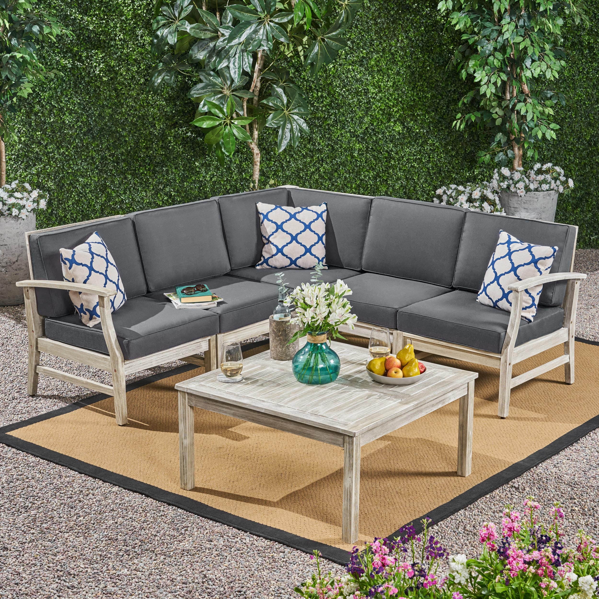 Noble House Perla 6 Piece Outdoor Acacia Wood Sectional Sofa Set in ...