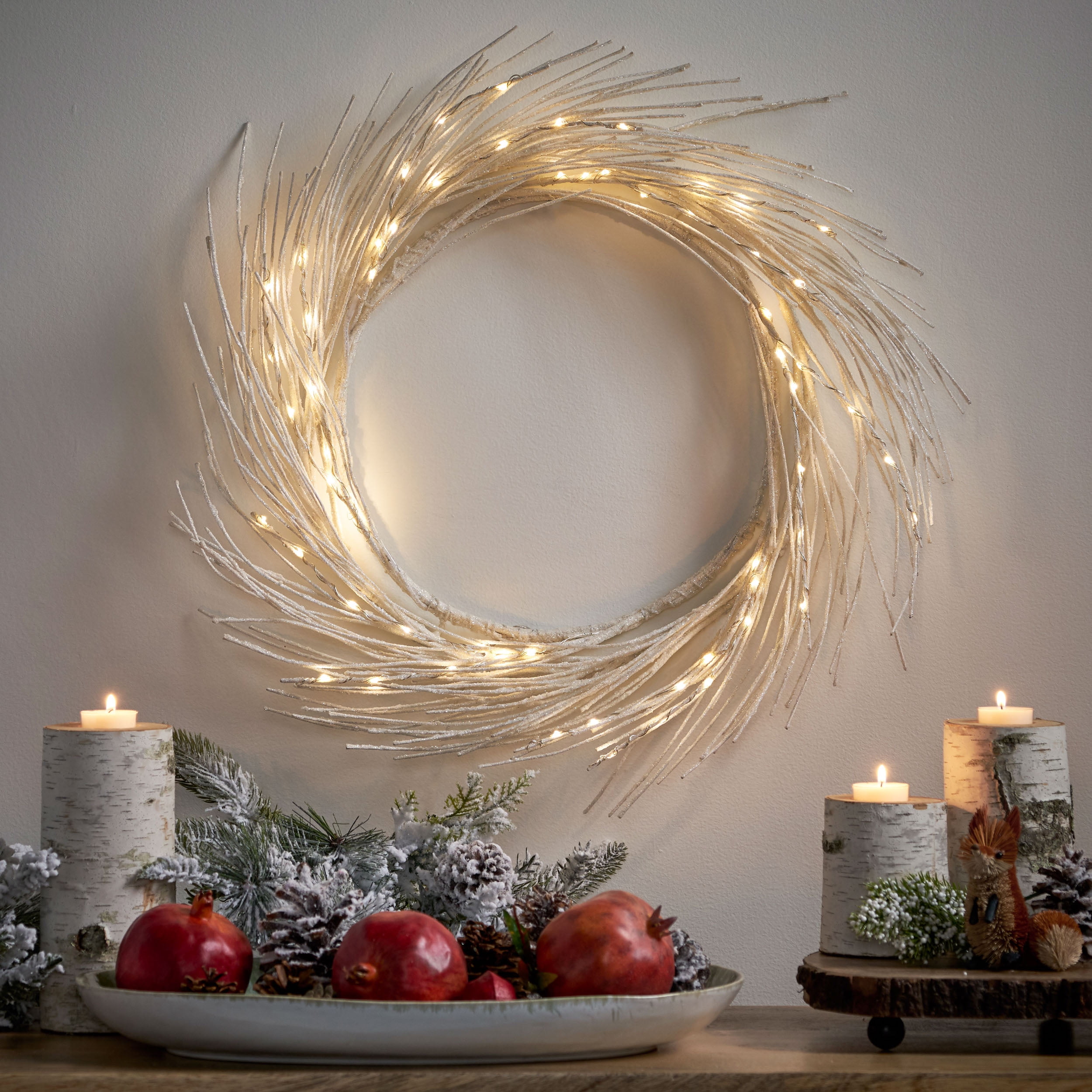 Noble House Pre-Lit 24" Artificial Twig Christmas Wreath, Dove Glitter ...
