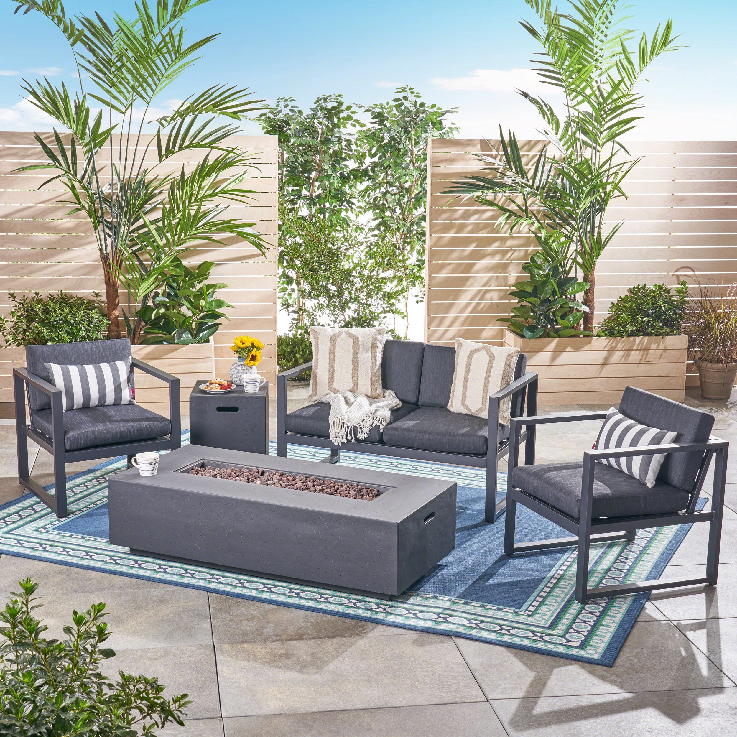 Noble House Quentin Outdoor 5 Piece Aluminum Chat Set with Fire Pit and ...