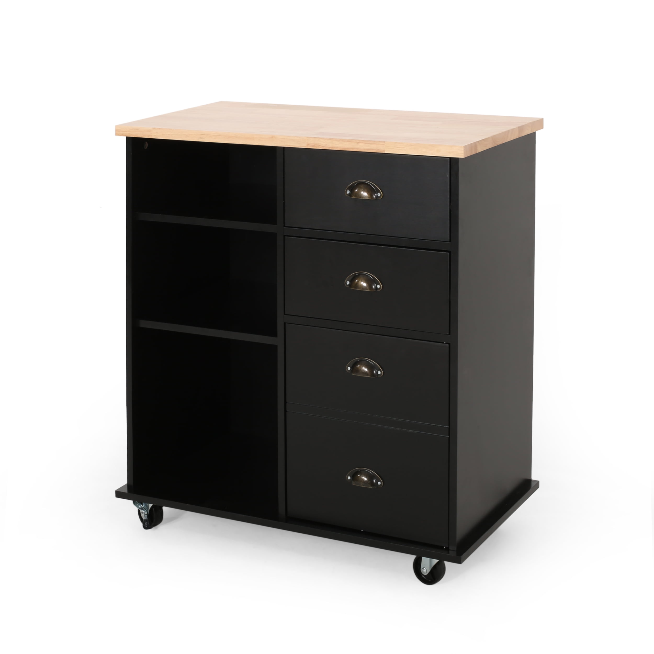 Noble House Ratzy Rubberwood Kitchen Storage Cart, Black, Natural ...