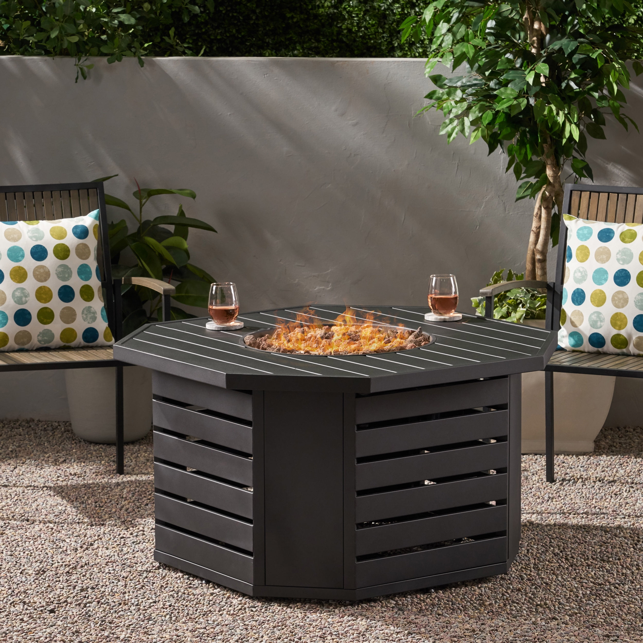 Noble House Rene Outdoor Octagonal Iron Fire Pit in Matte Black ...