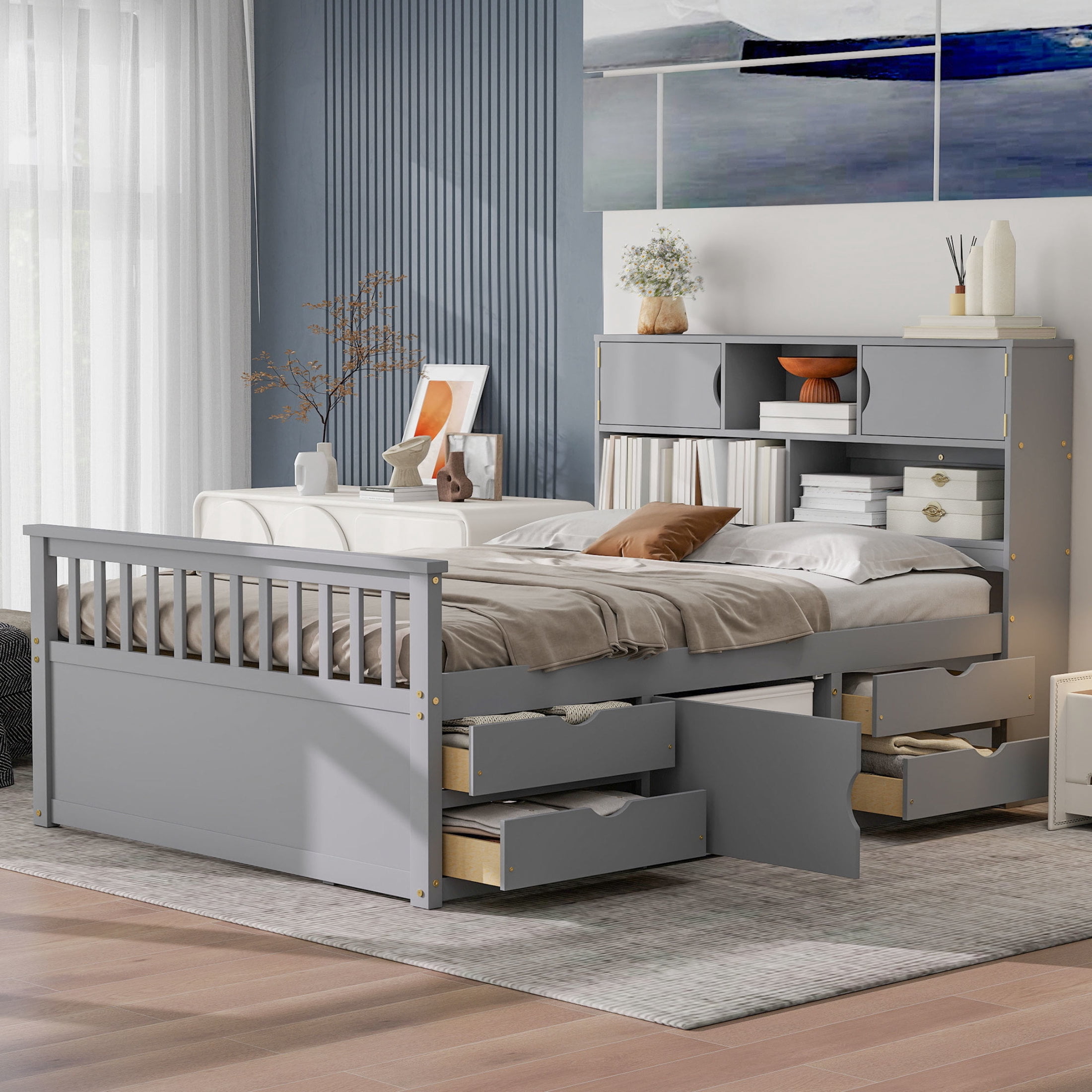 Noble House Renee Full Size Captain Bed with Bookcase Headboard and 4 ...