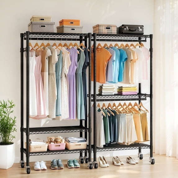Noble House Rolling Clothes Rack with Wheels, 3-Tier Adjustable Wire ...