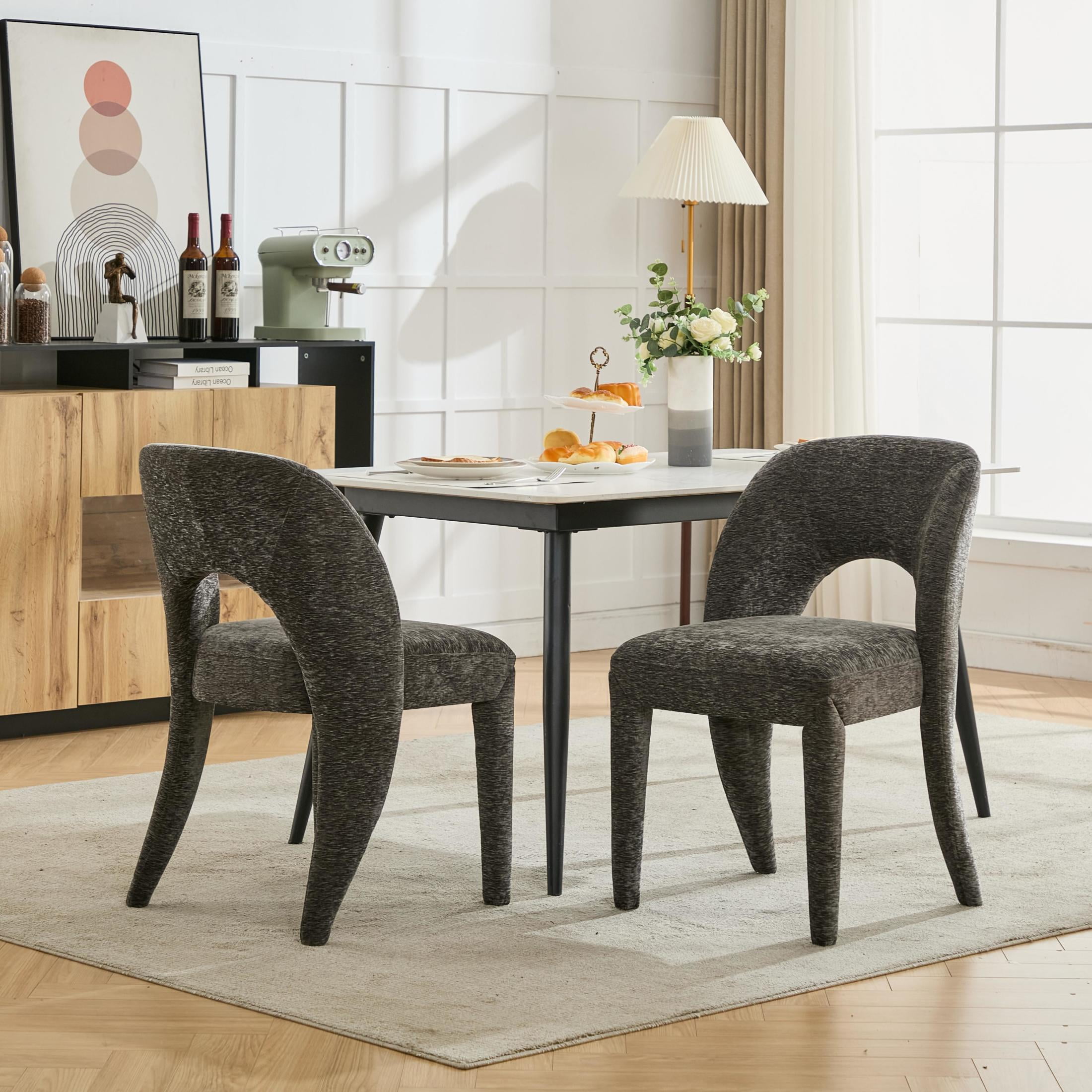 Noble House Set of 2 Chenille Dining Chairs, Hollow Back Upholstered ...