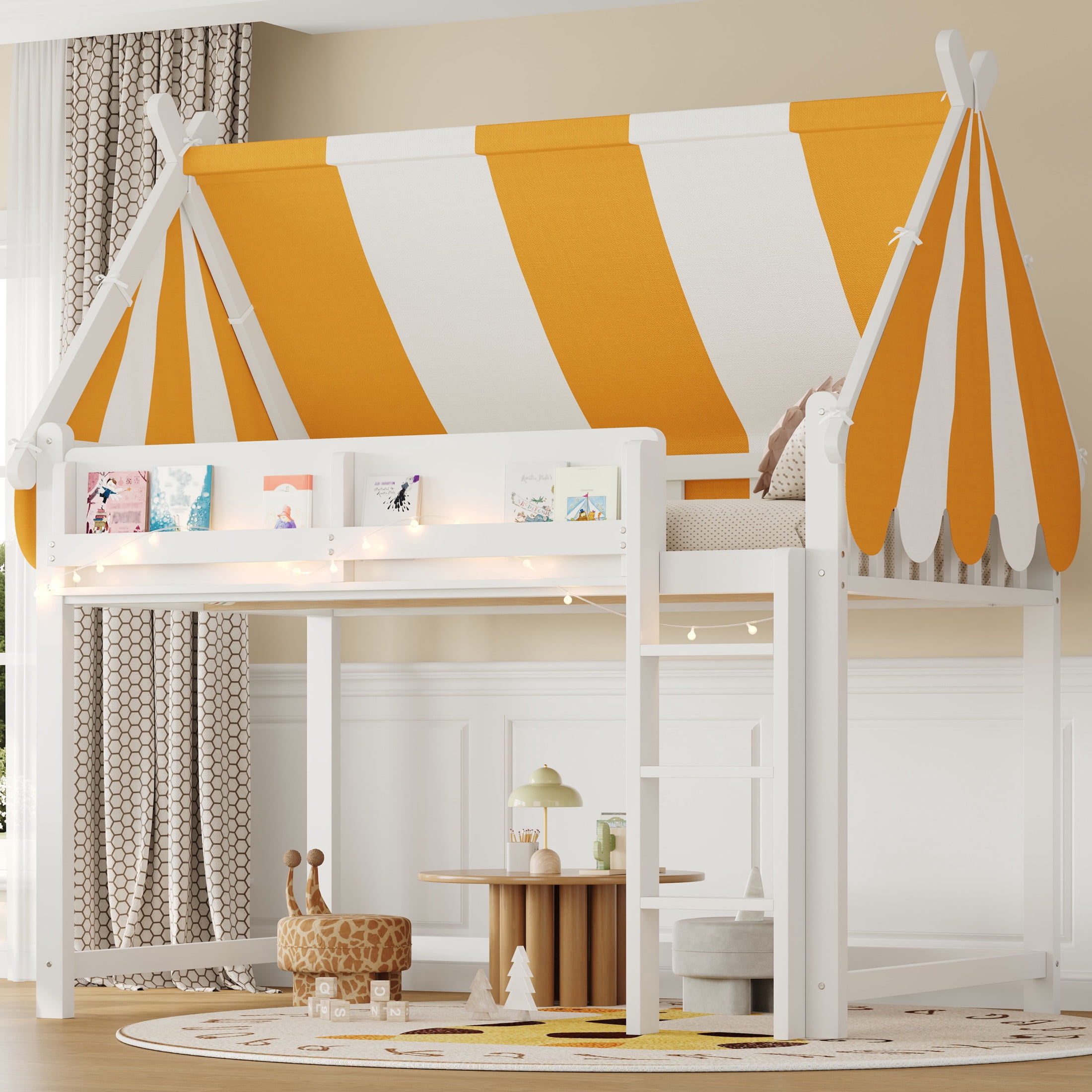 Noble House Sidney Full Size Loft Bed with Canopy and LED Lights, Wood ...