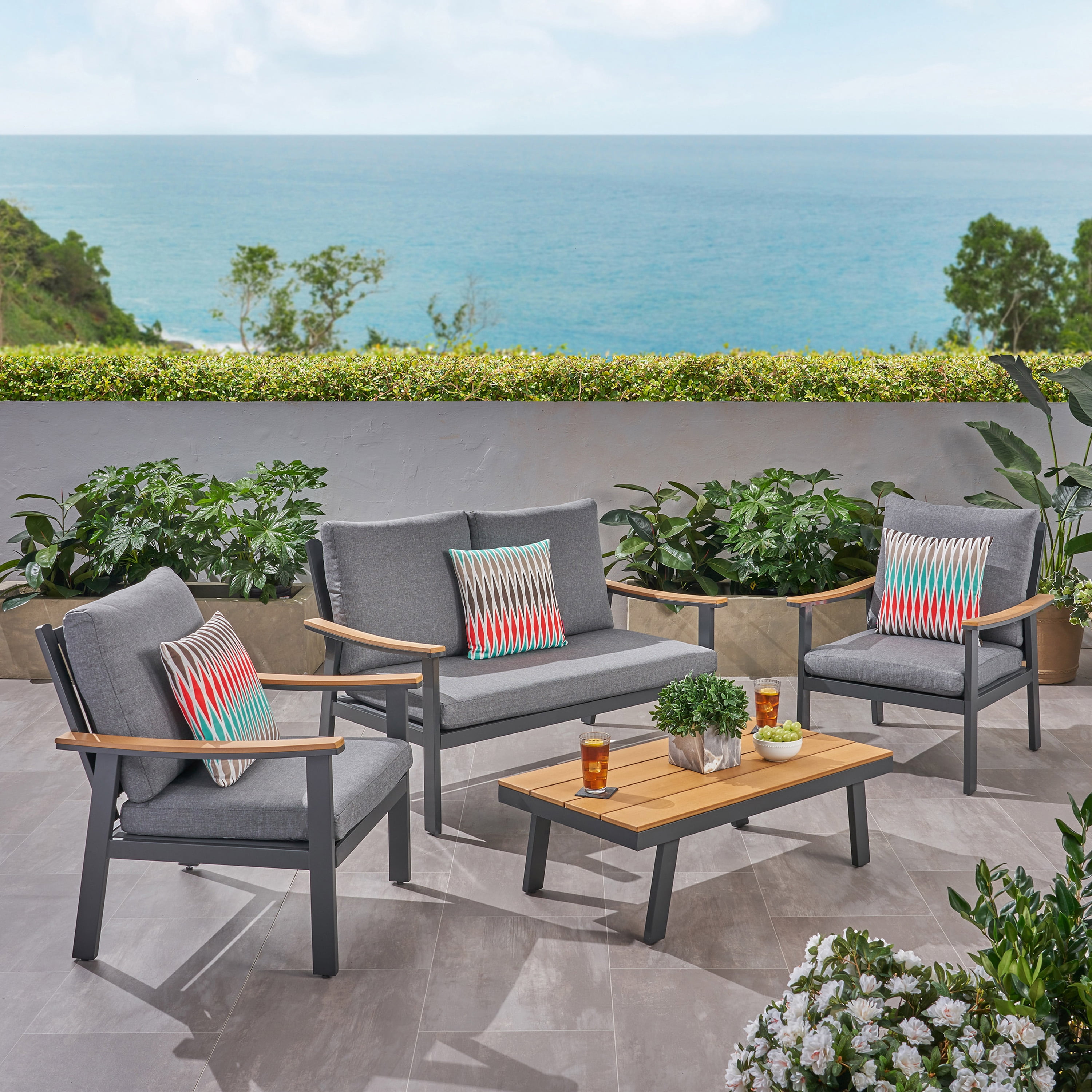 Noble House Sinclair 4 Piece Outdoor Aluminum Conversation Set in Gray ...