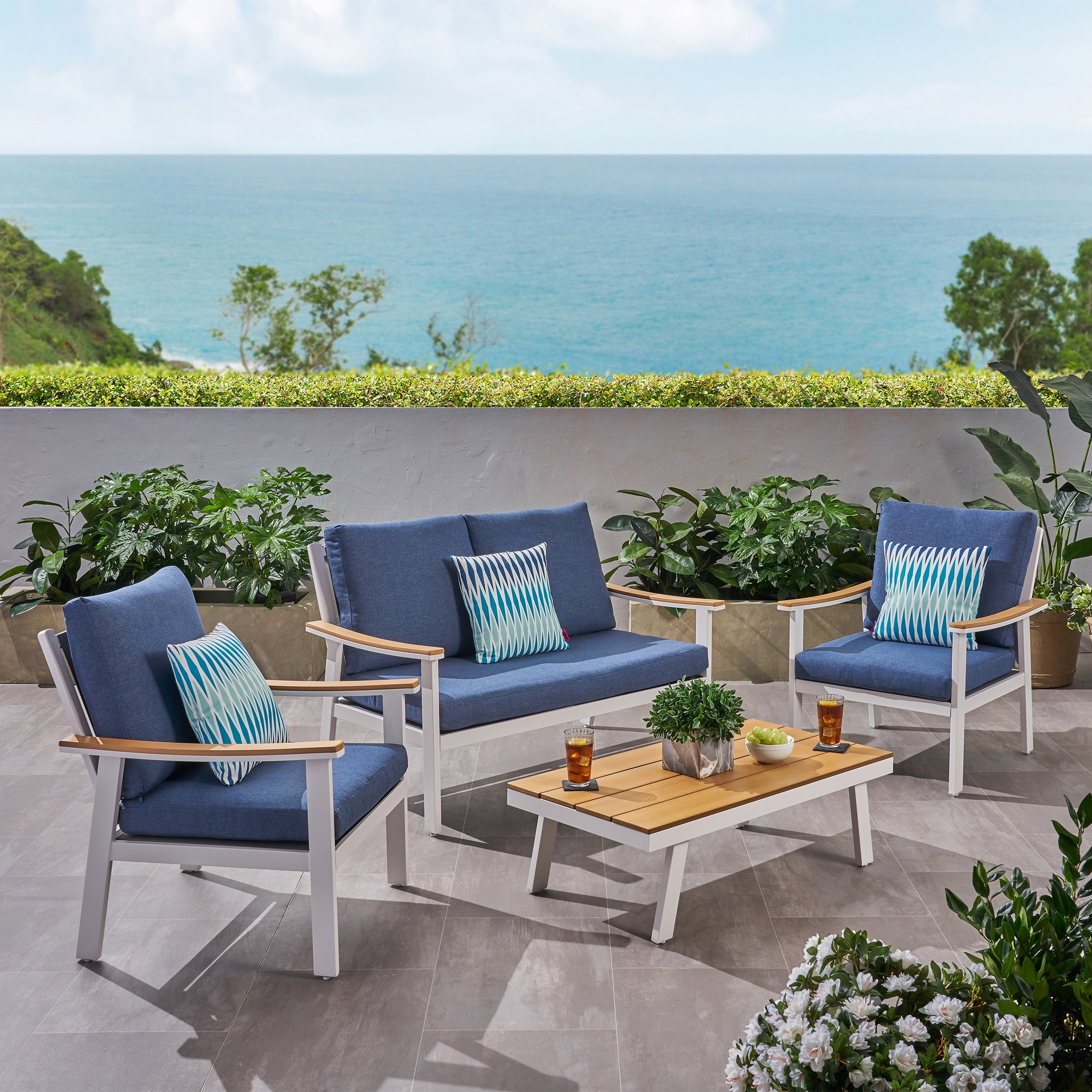 Noble House Sinclair 4-Piece Outdoor Aluminum Conversation Set in Navy ...
