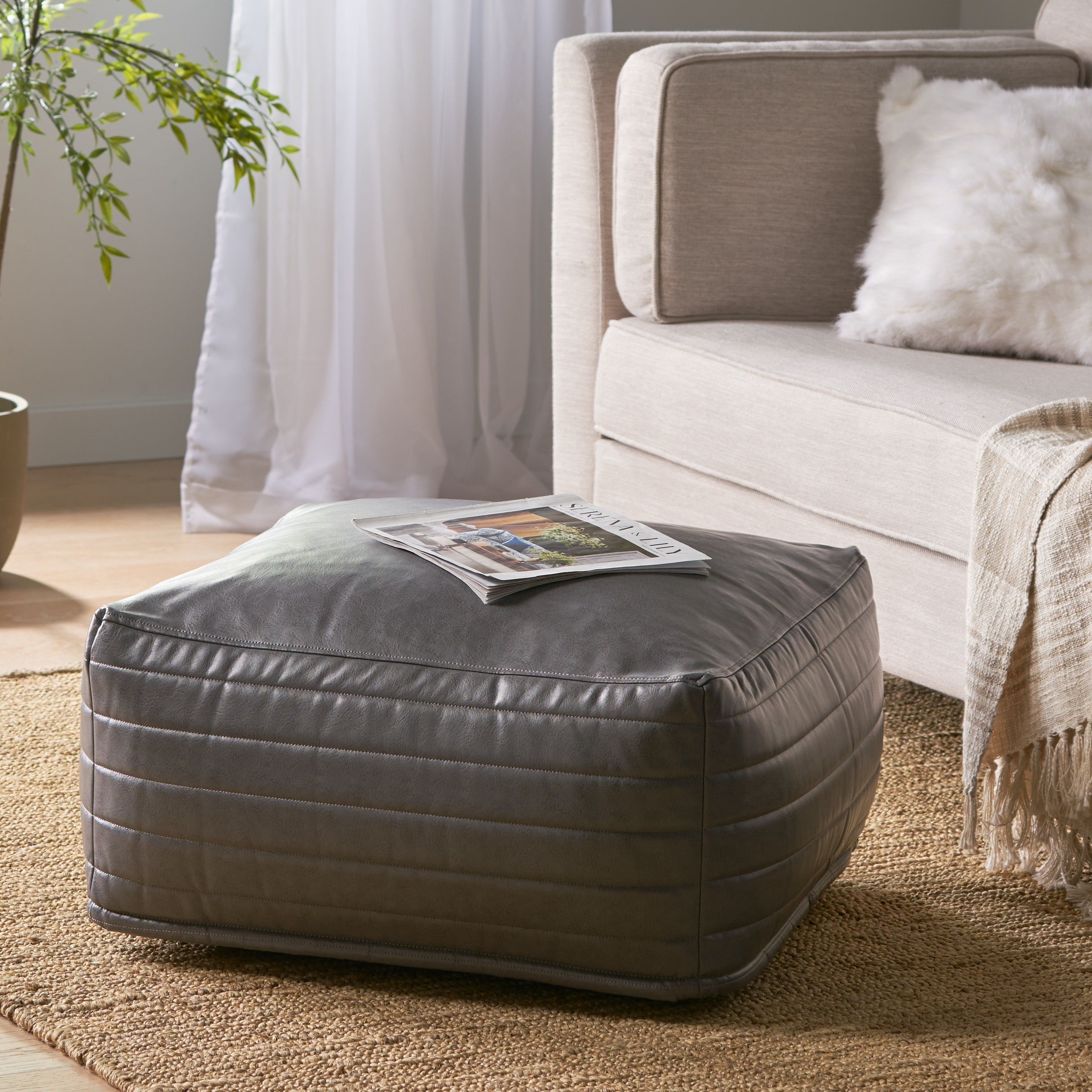 Noble House Plush Pouf - Cozy Channel Stitch Design - Gray - Walmart.com