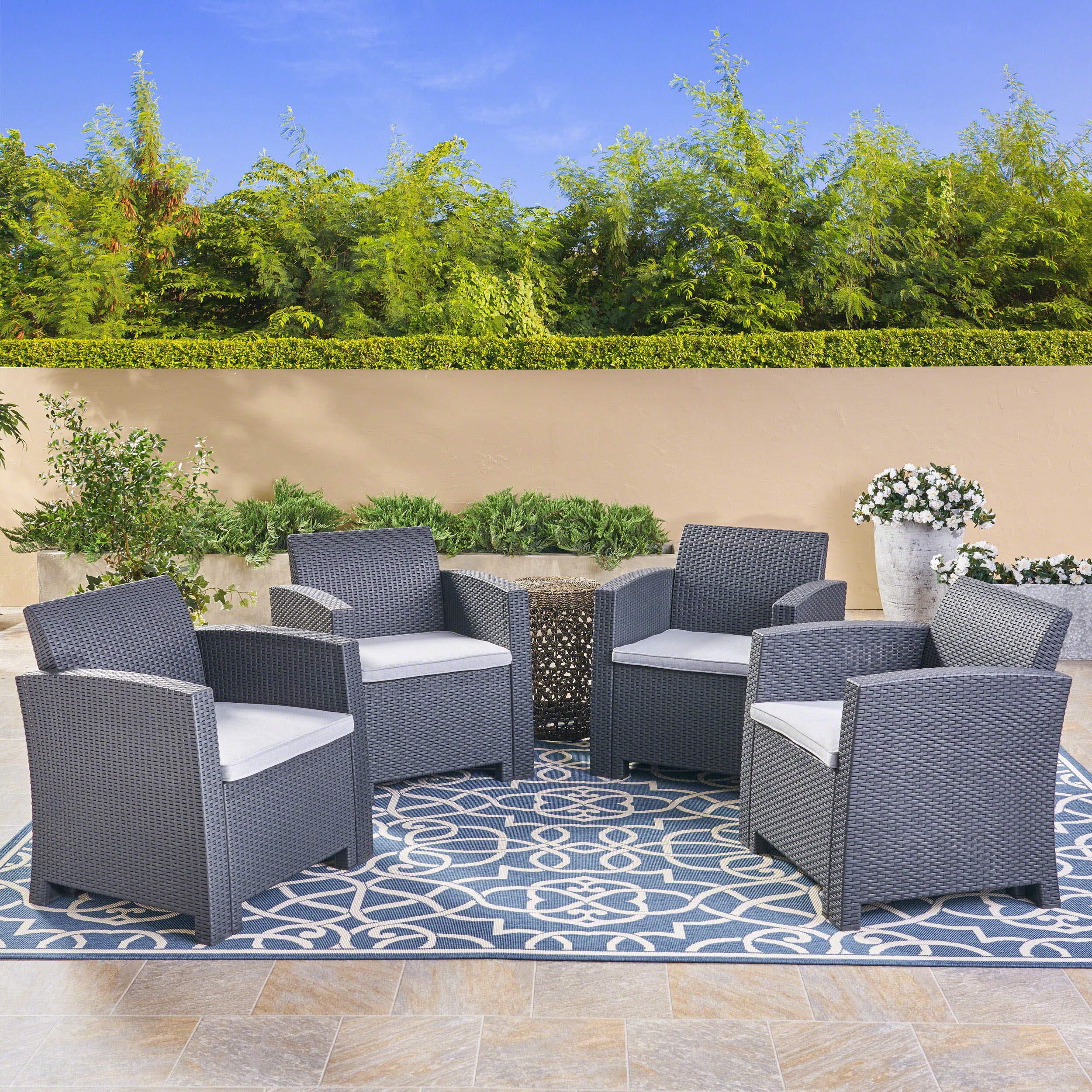 Noble House Sorianno Outdoor Charcoal Wicker Print Club Chairs with ...